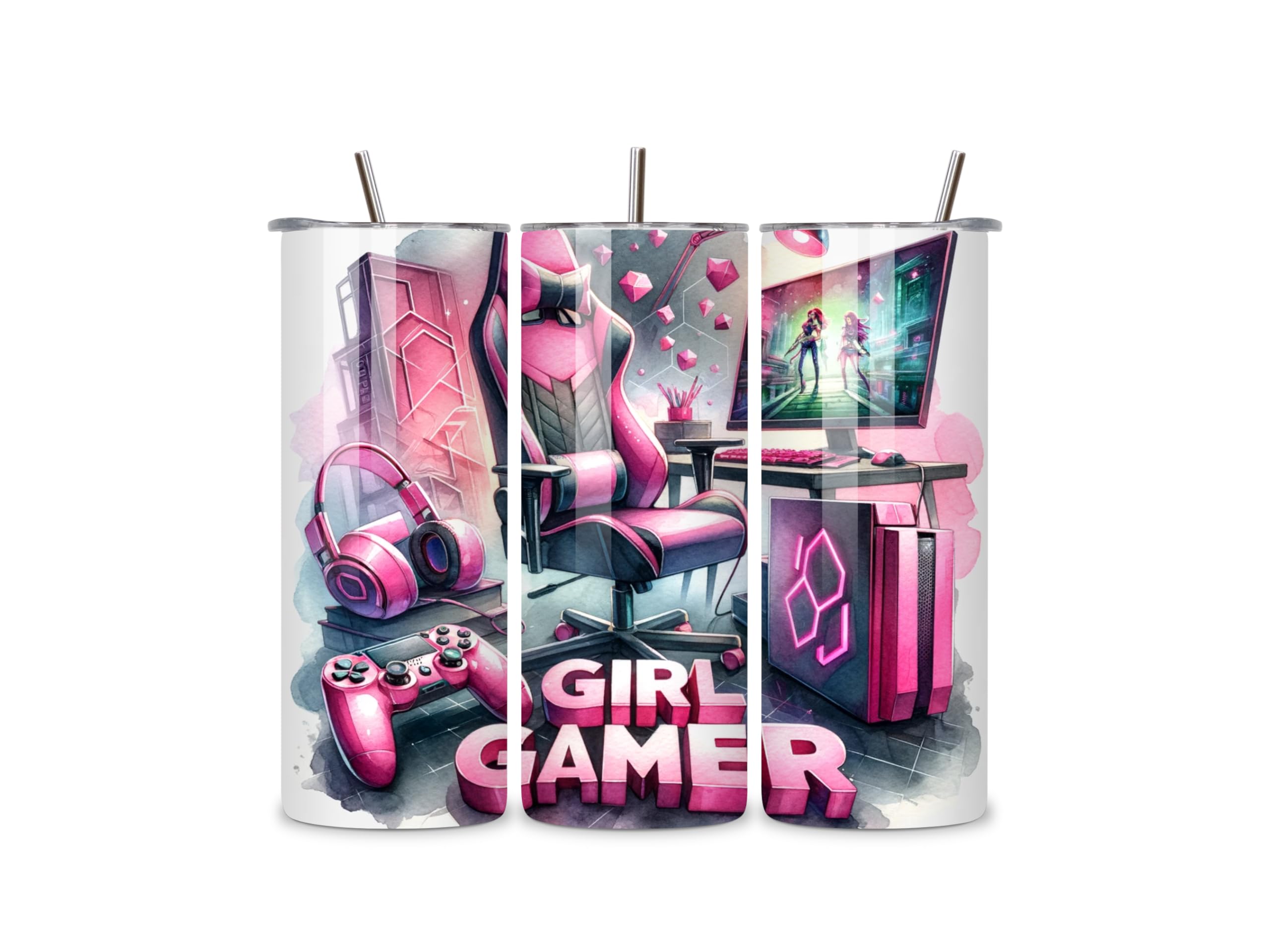 Girl Gamer 20oz Skinny Tumbler with Metal Straw – Pink Gaming Setup Design with Controller and Headset – Double-Walled Insulated Stainless Steel Tumbler for Hot & Cold Drinks (Darker)