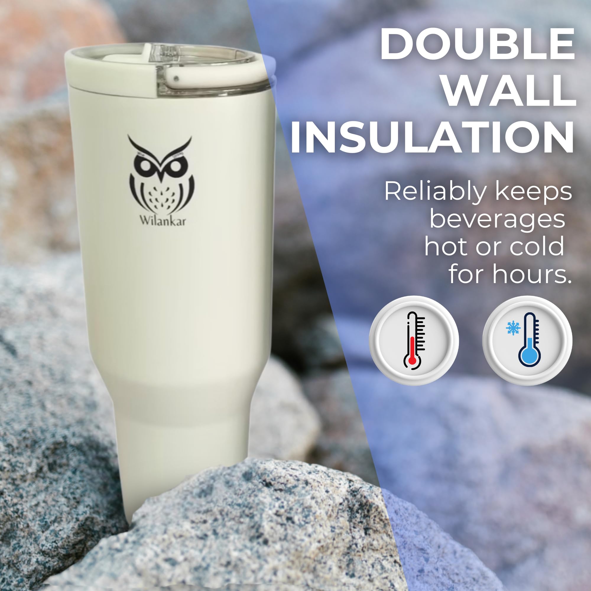 WILANKAR Tumbler 40oz Water Bottle with Lid, Handle & Flip Straw – Leakproof, Cup Holder-Friendly Travel Cup, Insulated Stainless Steel, Dishwasher-Safe, BPA-Free (Cream)