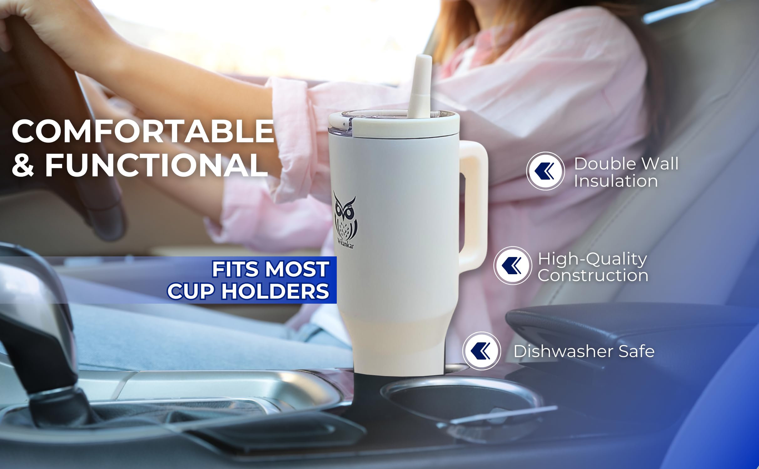 WILANKAR Tumbler 40oz Water Bottle with Lid, Handle & Flip Straw – Leakproof, Cup Holder-Friendly Travel Cup, Insulated Stainless Steel, Dishwasher-Safe, BPA-Free (Cream)