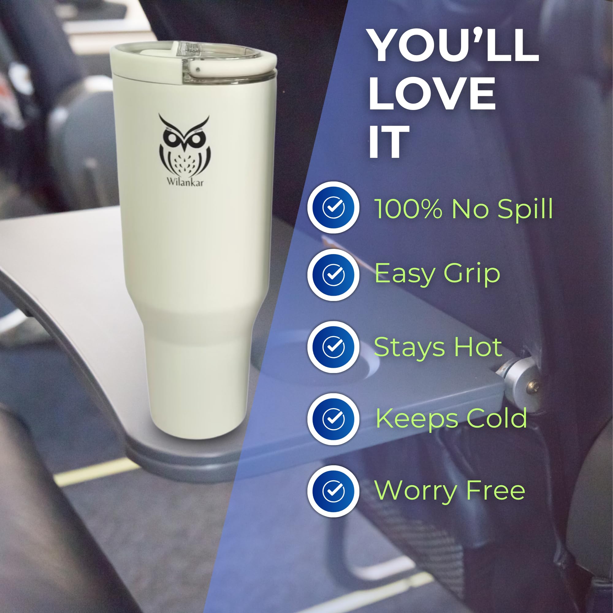 WILANKAR Tumbler 40oz Water Bottle with Lid, Handle & Flip Straw – Leakproof, Cup Holder-Friendly Travel Cup, Insulated Stainless Steel, Dishwasher-Safe, BPA-Free (Cream)