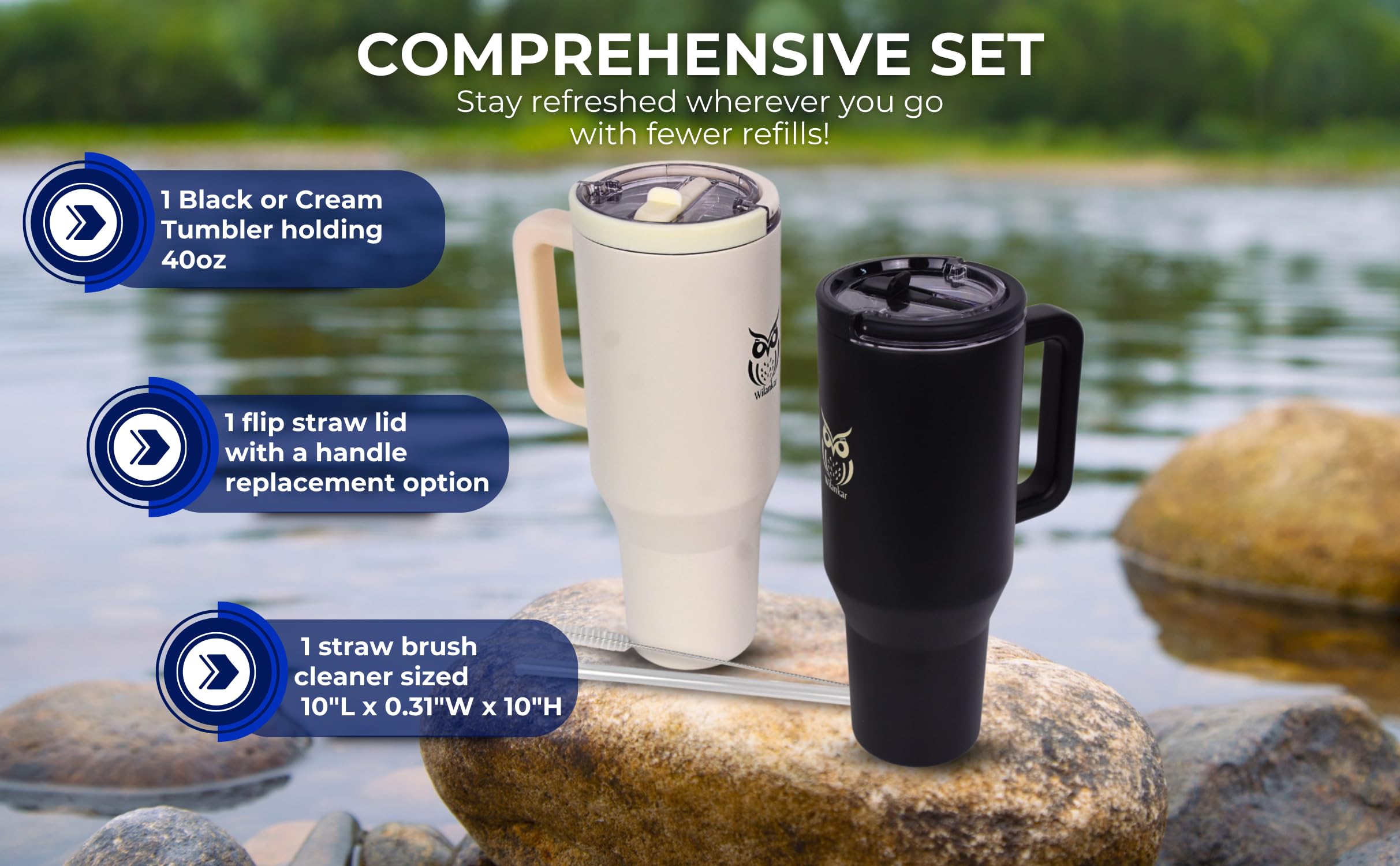 WILANKAR Tumbler 40oz Water Bottle with Lid, Handle & Flip Straw – Leakproof, Cup Holder-Friendly Travel Cup, Insulated Stainless Steel, Dishwasher-Safe, BPA-Free (Cream)