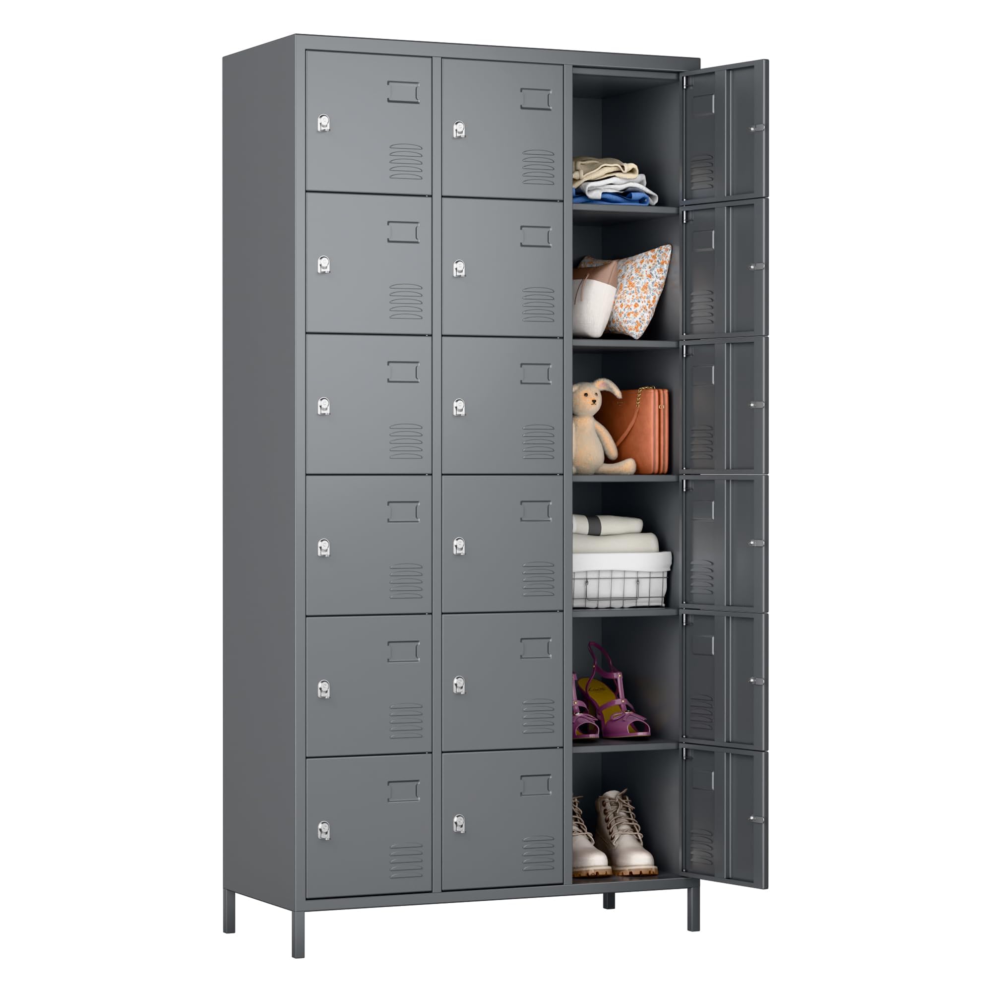 SUPEER Metal Lockers for Employees with 18 Door,Metal Storage Locker with Lock for School Garage Gym Office Home Bedroom,Assembly Required,18 Doors Dark Grey