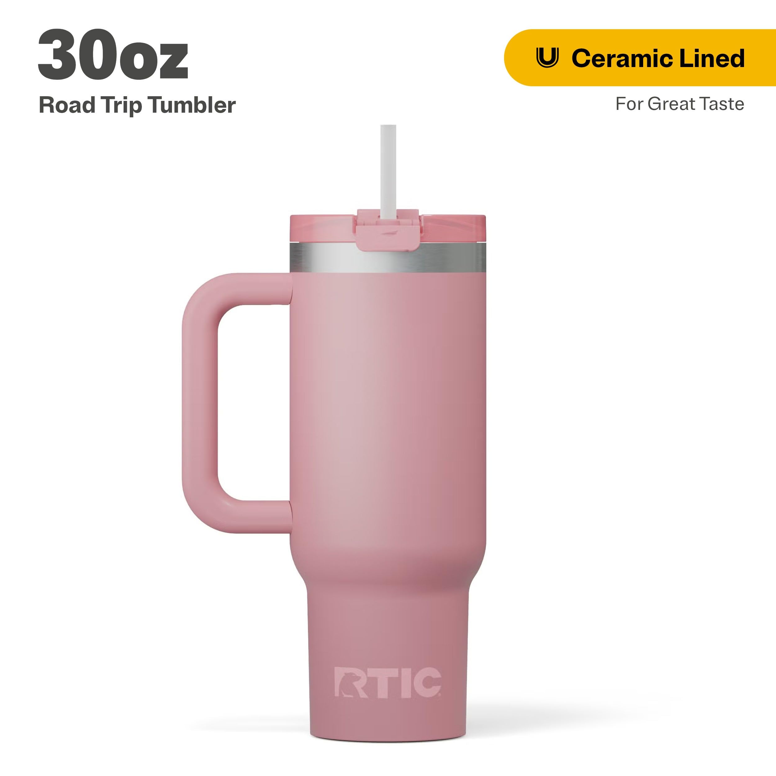 RTIC 30 oz Road Trip Tumbler Double-Walled Insulated Stainless Steel Portable Travel Coffee Mug Cup with Lid, Handle and Straw, Ceramic-Lined, Dusty Rose
