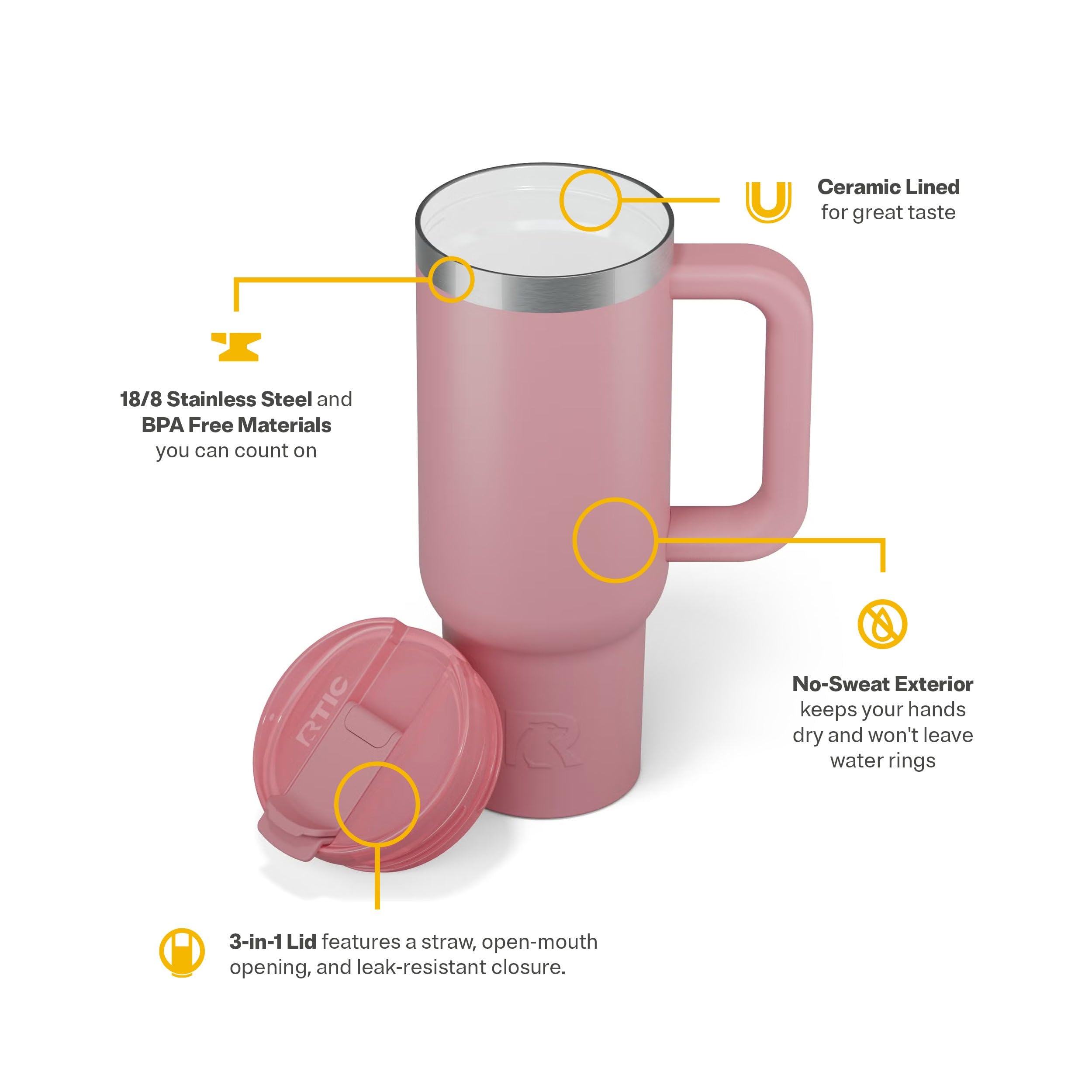 RTIC 30 oz Road Trip Tumbler Double-Walled Insulated Stainless Steel Portable Travel Coffee Mug Cup with Lid, Handle and Straw, Ceramic-Lined, Dusty Rose