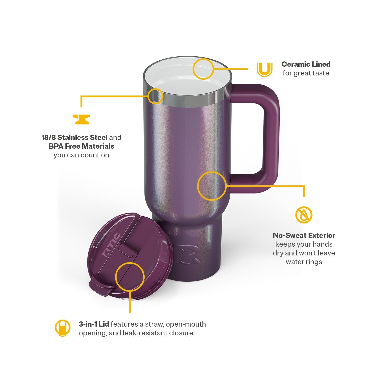 RTIC 30 oz Road Trip Tumbler Double-Walled Insulated Stainless Steel Portable Travel Coffee Mug Cup with Lid, Handle and Straw, Plum Glitter