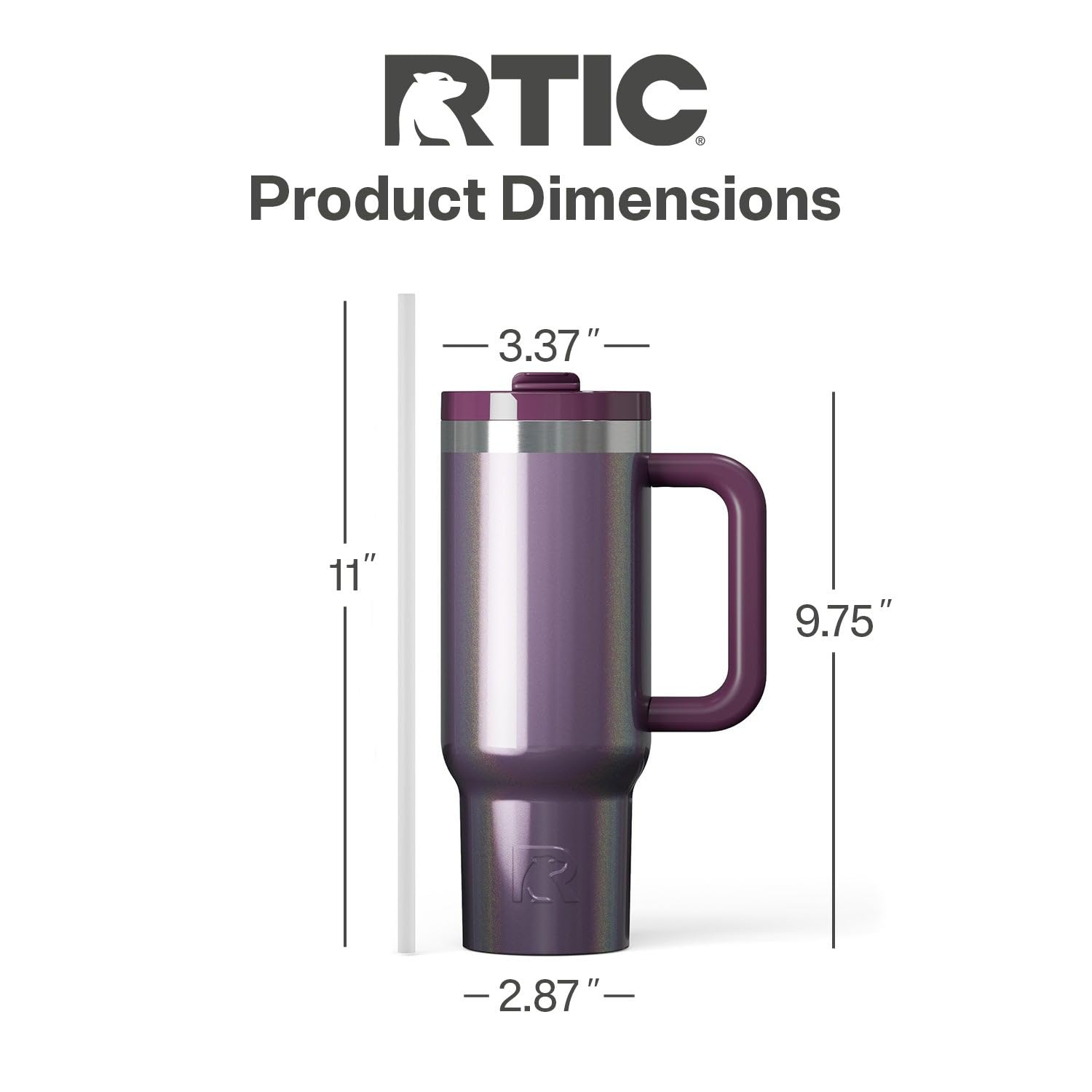 RTIC 30 oz Road Trip Tumbler Double-Walled Insulated Stainless Steel Portable Travel Coffee Mug Cup with Lid, Handle and Straw, Plum Glitter