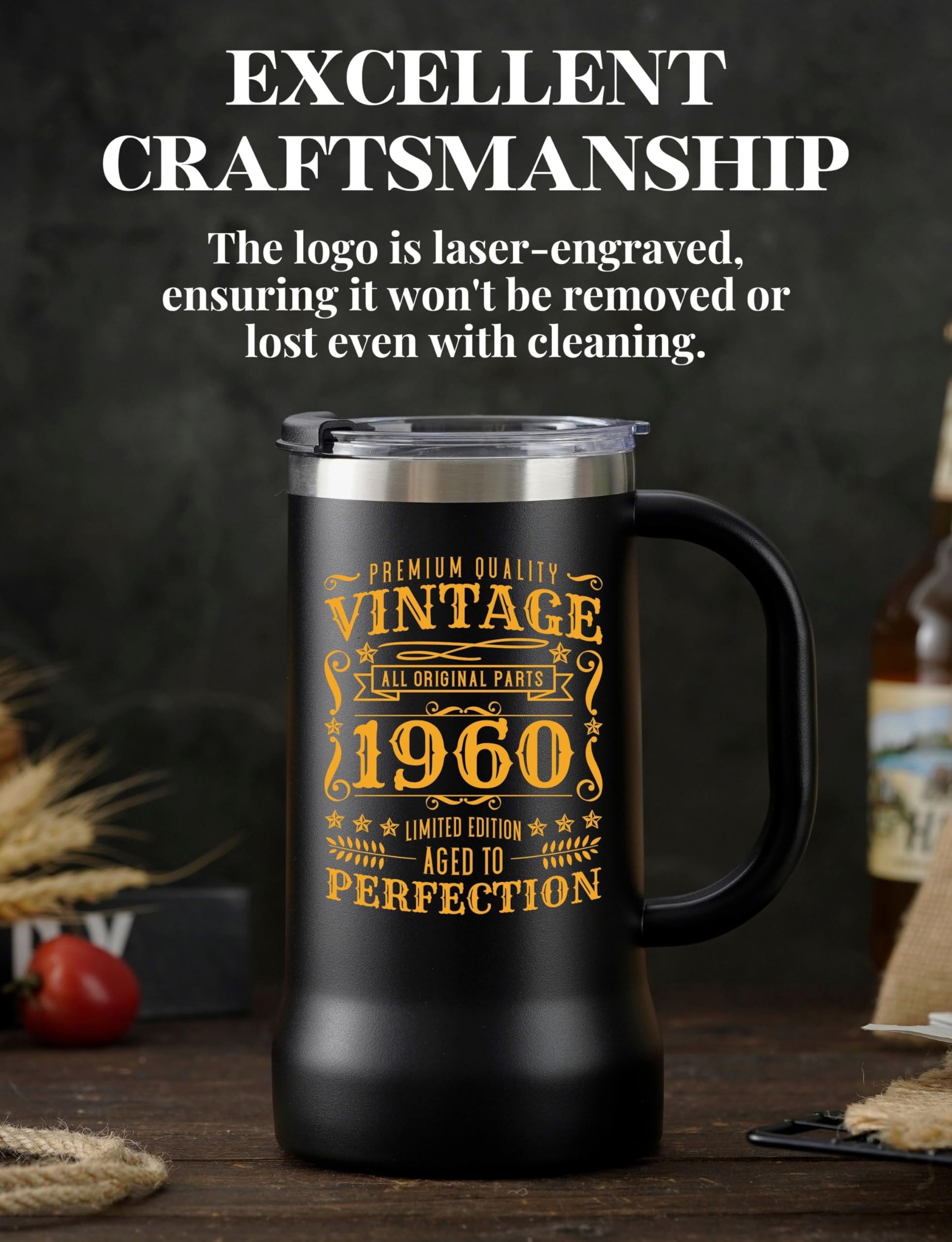 Onebttl 65th Birthday Gifts for Men, Dads, Grandfathers, Granddads, Husband, Vintage 1960 Birthday Gifts 24oz Stainless Steel Beer Stain Mug, Black