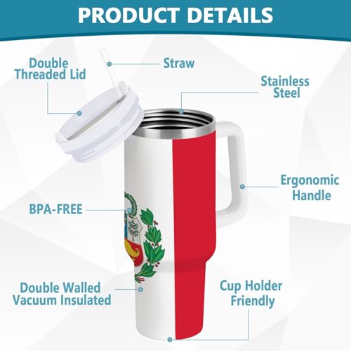 40 Oz Peru State Flag Stainless Steel Tumbler with Straw and Handle Fall Insulated Tumbler