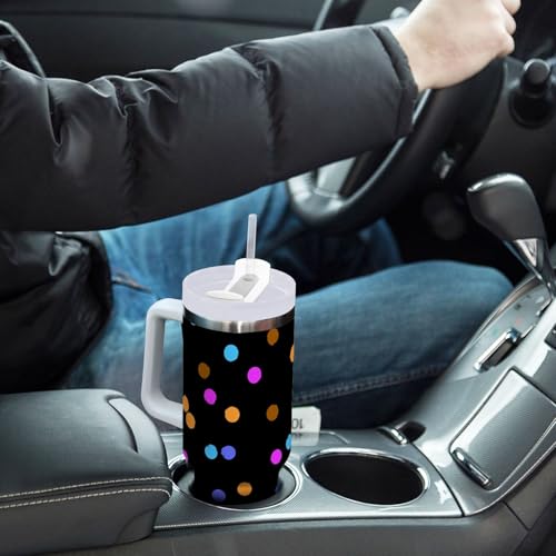 ODAWA Large Polka Dot Insulated Cup with Handle and Straw, Double Insulated Tumbler Insulated Travel Tumbler