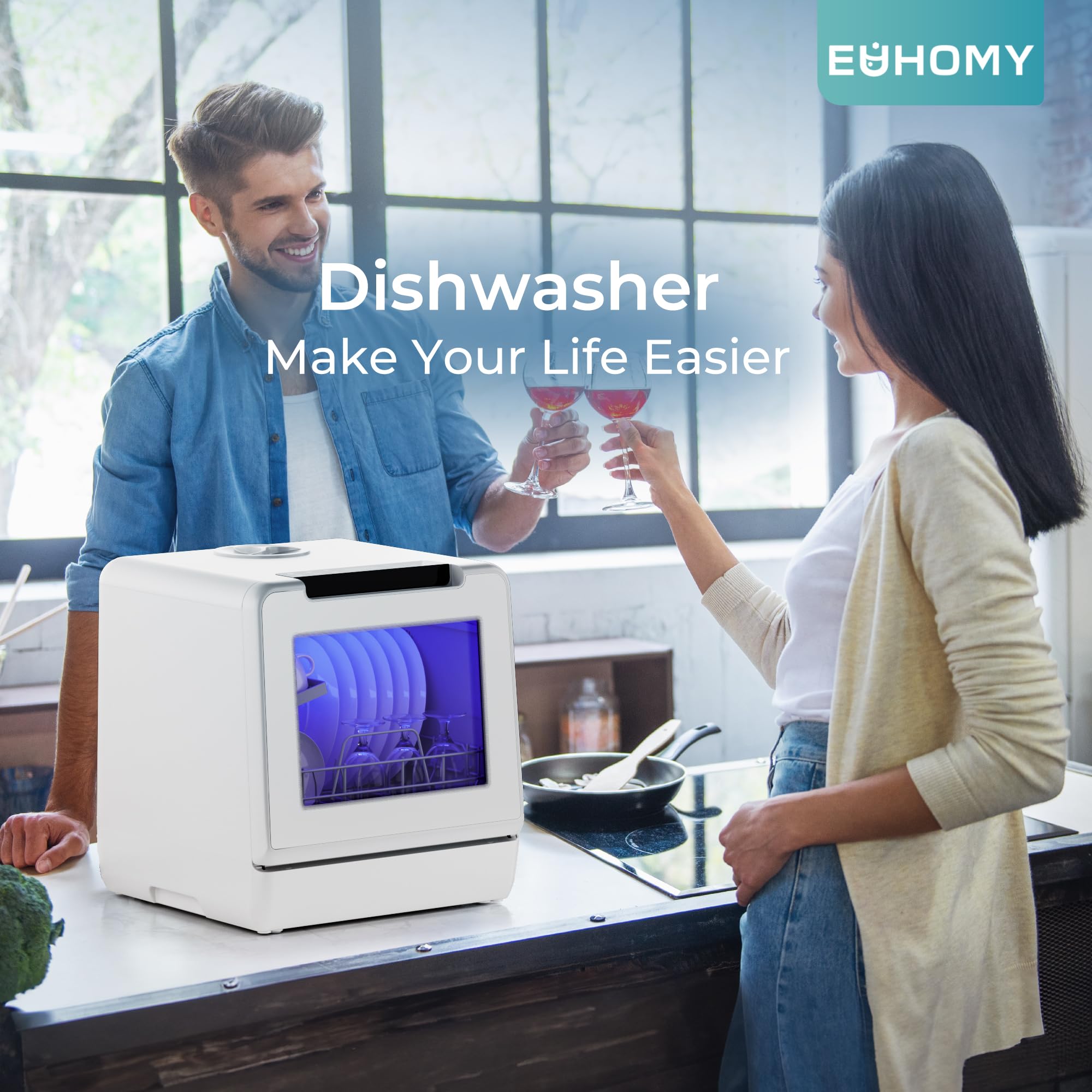 EUHOMY Portable Dishwasher Countertop, 8 Programs Dishwasher with 5L Built-in Water Tank and Drain Hose, Countertop Dishwasher No Hookup with 8 Modes with Self Clean & Baby Care, Dish Washer for RVs
