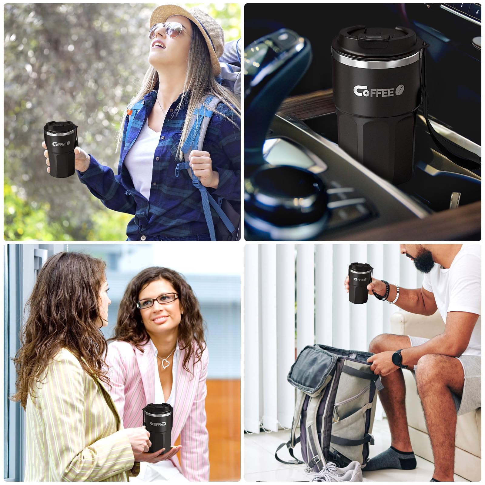 Colawind 16oz Travel Mug, Reusable Coffee Cups with Flip Top Lids, Stainless Steel Coffee Tumbler with Rope, 480ml Black Drink Cup for Iced Tea, Coffee, Water