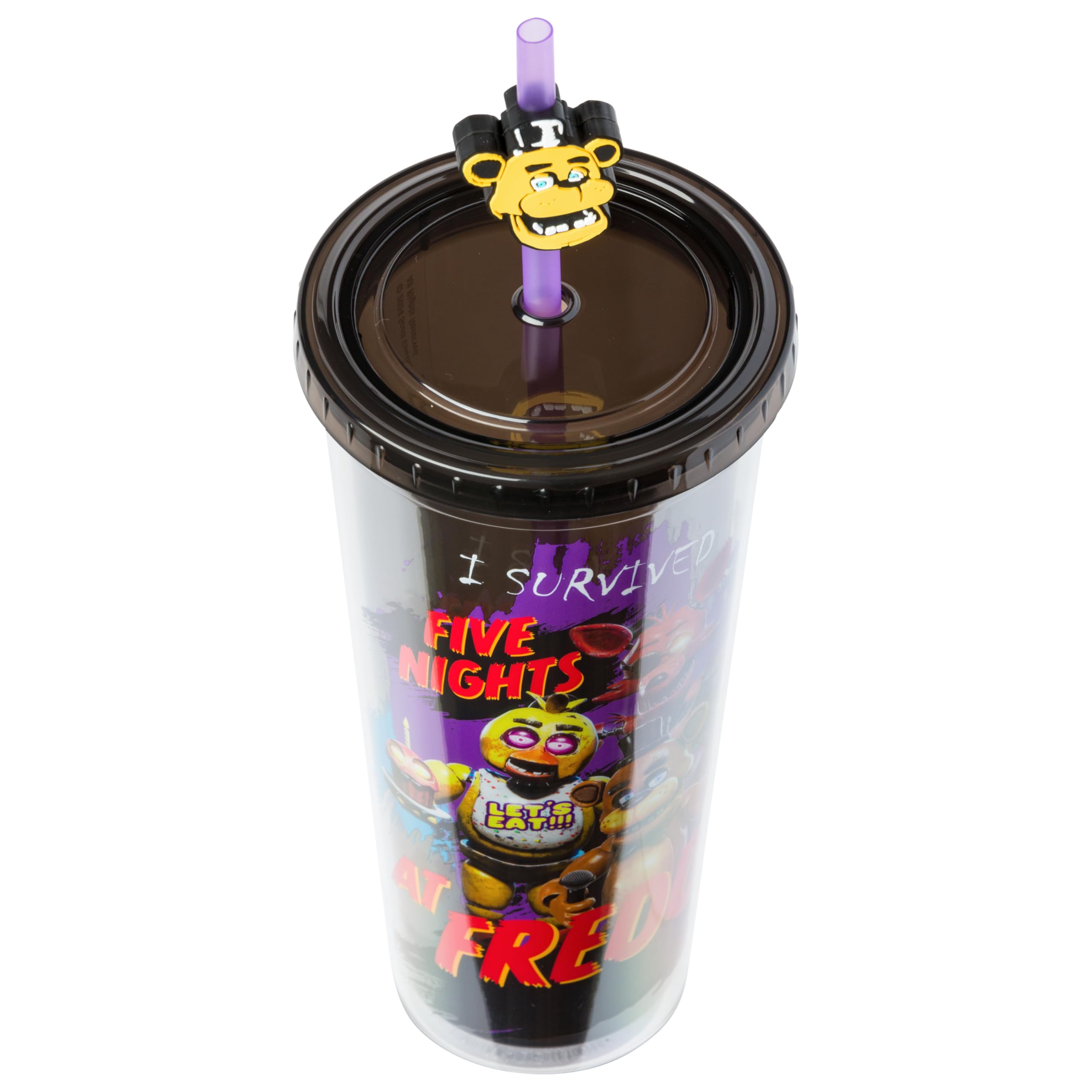 Silver Buffalo Five Nights at Freddy's I Survived Plastic Cold Cup with Lid and Topper Straw, 24 Ounces