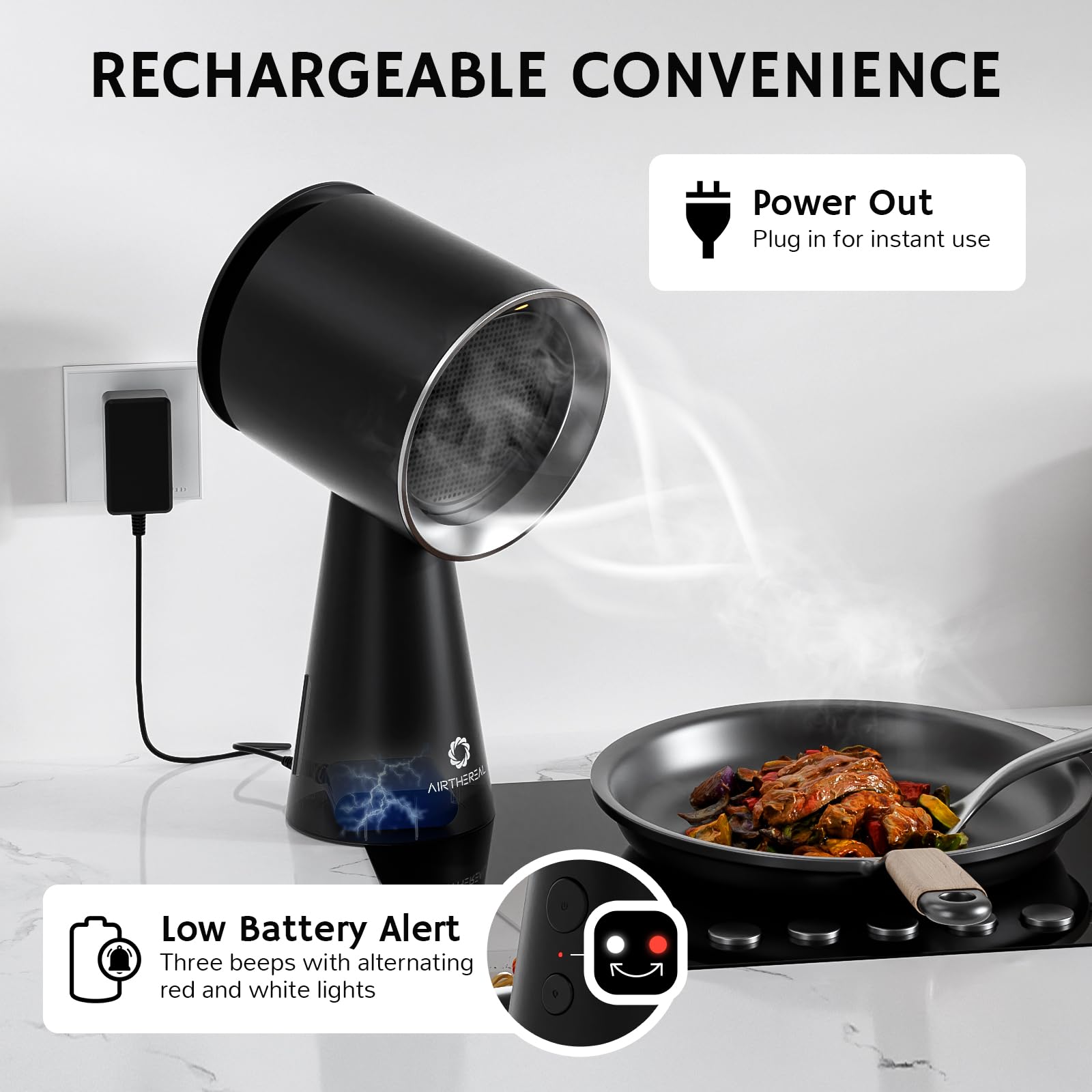 Airthereal Rechargable Portable Range Hood, Desktop Range Hood with Battery Powered, 3-Fan Speeds and Large Oil Collection Cup, Upgraded Portable Kitchen Exhaust Fan for RV Cooking, RH180B Black