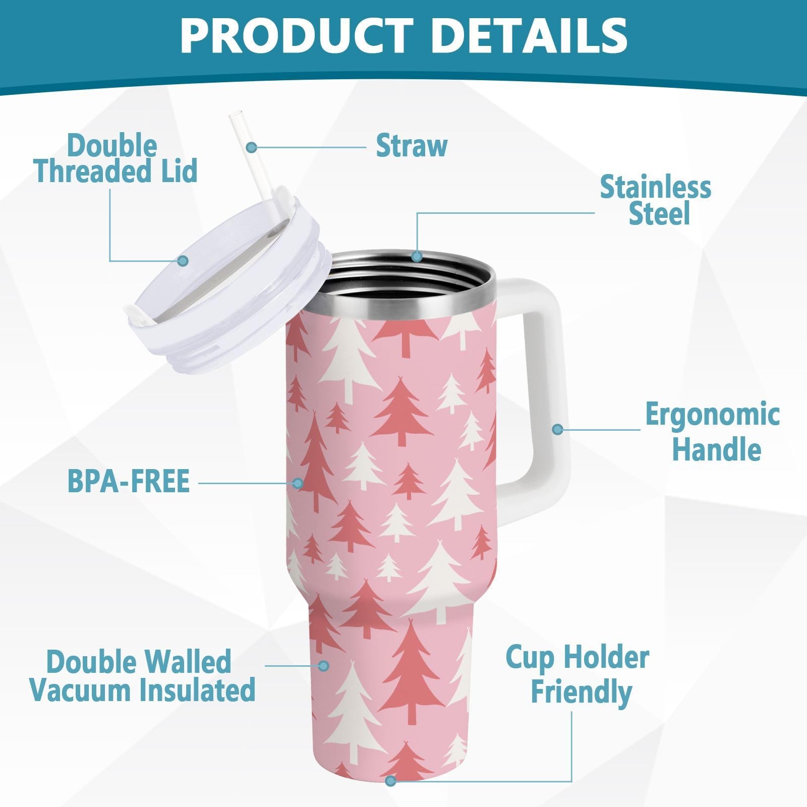 Emelivor Christmas Trees 40 oz Tumbler with Lid and Straw Insulated Tumblers with Handle Leak Proof Travel Coffee Mug Water Cup Bottles for Hot and Iced Cold Drinks