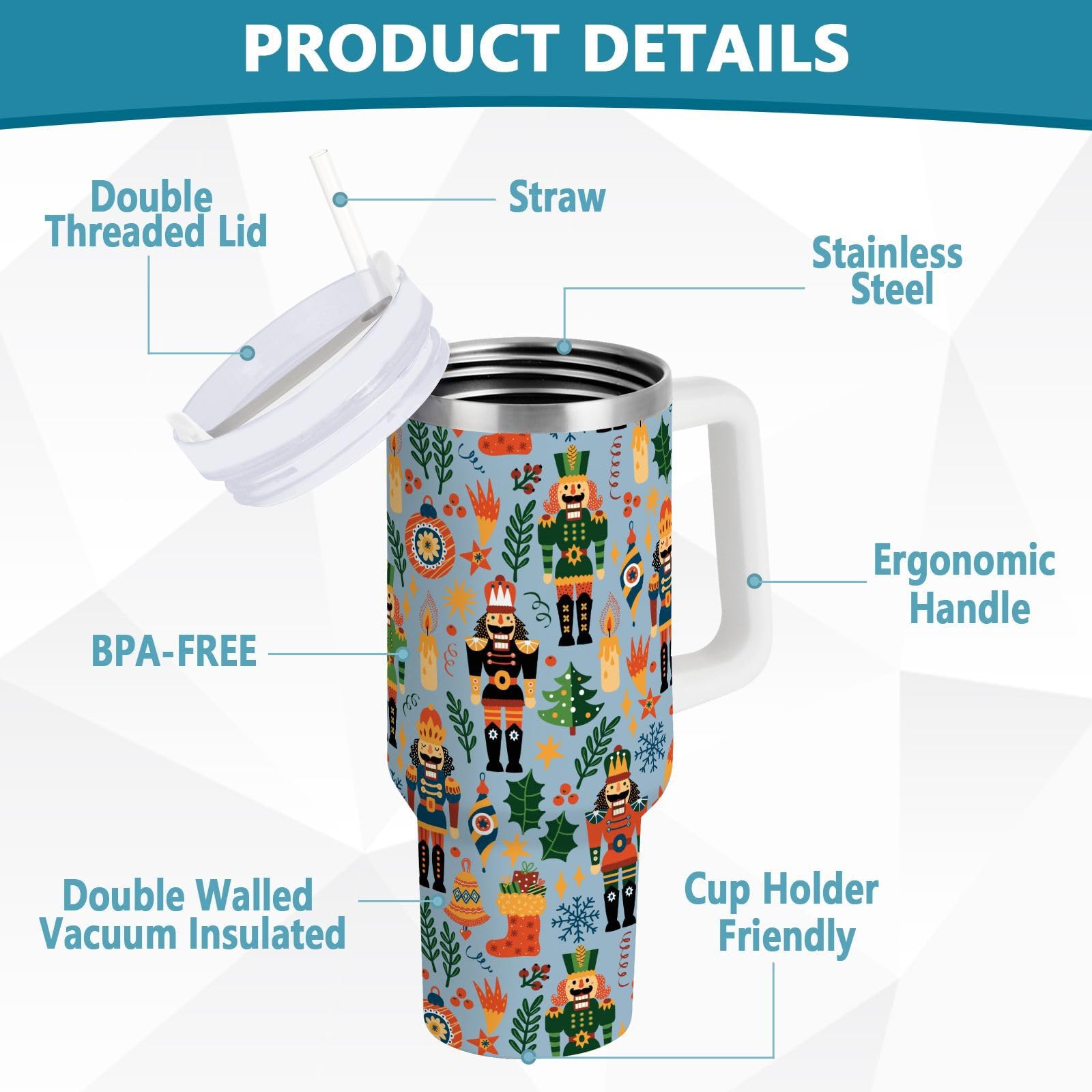 Emelivor Christmas Nutcrackers 40 oz Tumbler with Lid and Straw Insulated Tumblers with Handle Thermal Stainless Travel Coffee Mug Cup Water Bottle for Hot and Iced Cold Drinks
