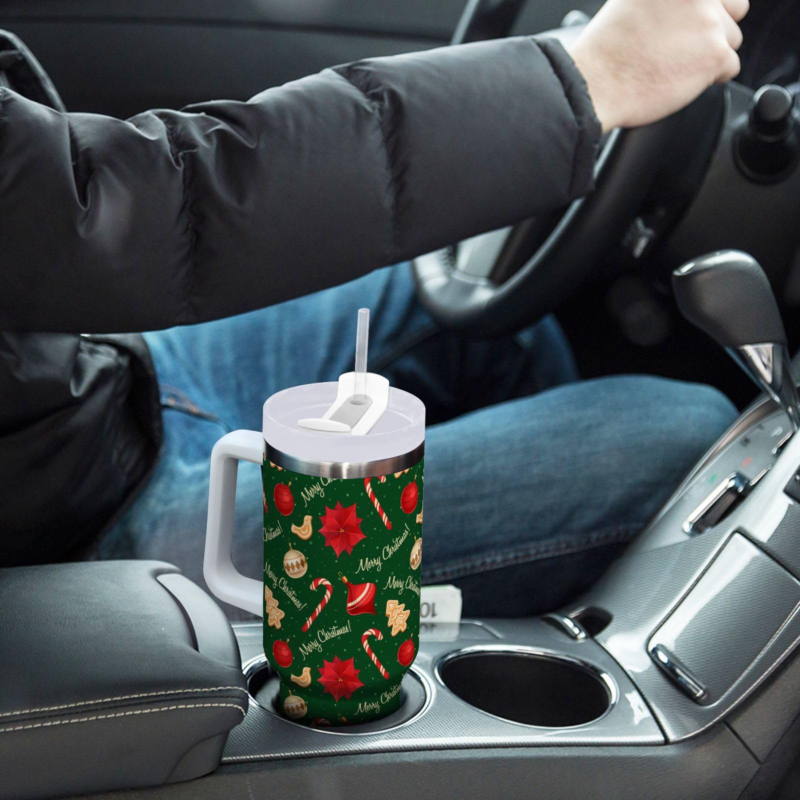 Emelivor Merry Christmas Tree Candy 40 oz Tumbler with Lid and Straw Insulated Tumblers with Handle Thermal Stainless Travel Coffee Mug Cup Water Bottle for Hot and Iced Cold Drinks