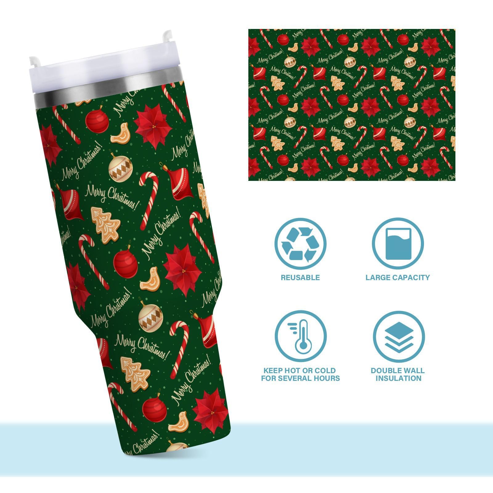 Emelivor Merry Christmas Tree Candy 40 oz Tumbler with Lid and Straw Insulated Tumblers with Handle Thermal Stainless Travel Coffee Mug Cup Water Bottle for Hot and Iced Cold Drinks