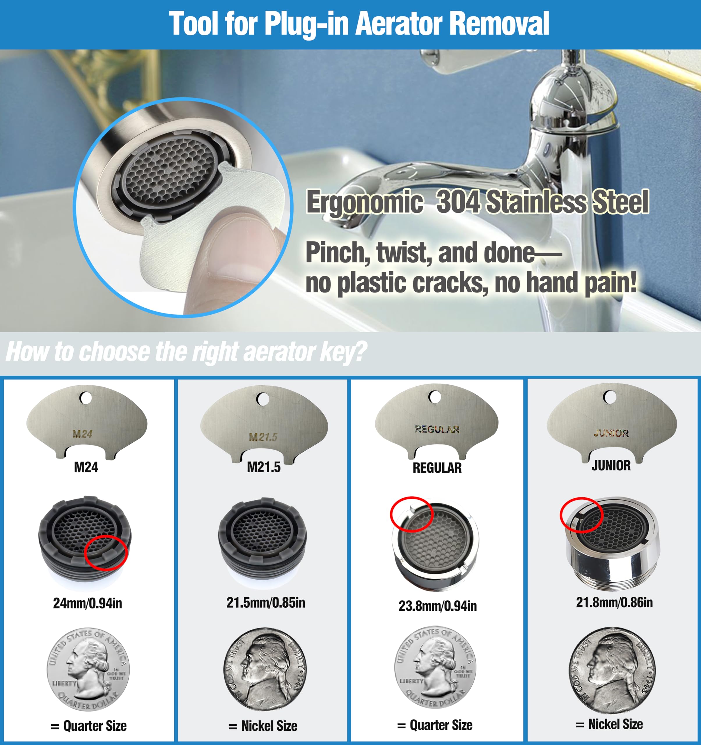 3-in-1 304 Stainless Steel Aerator Key & Faucet Aerator Removal Tool Set β Fits M20, M22, M24, M28, Cache Aerators (M21.5, M24, Junior, Regular) & Adjustable for Female Threads (16β34mm)