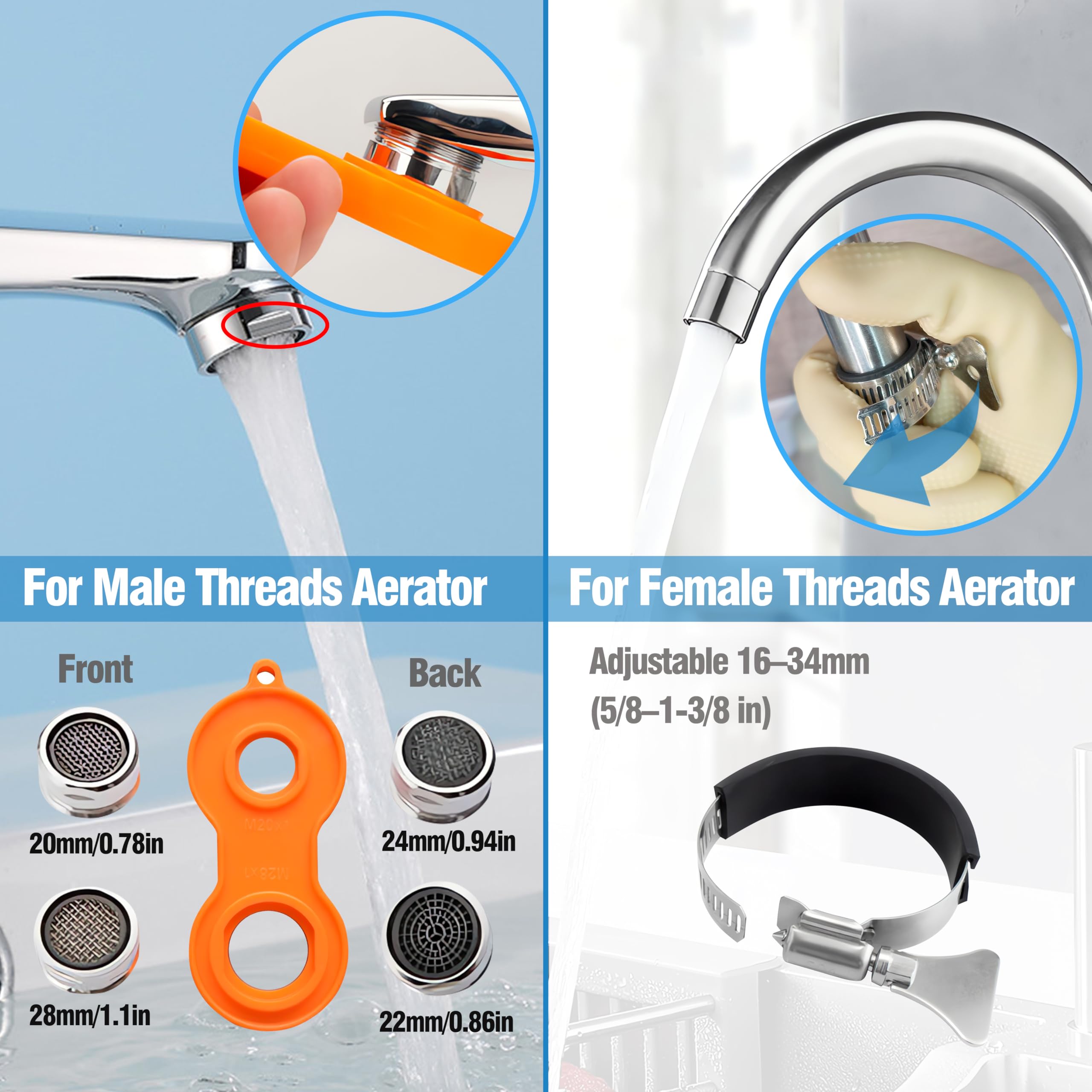 3-in-1 304 Stainless Steel Aerator Key & Faucet Aerator Removal Tool Set β Fits M20, M22, M24, M28, Cache Aerators (M21.5, M24, Junior, Regular) & Adjustable for Female Threads (16β34mm)
