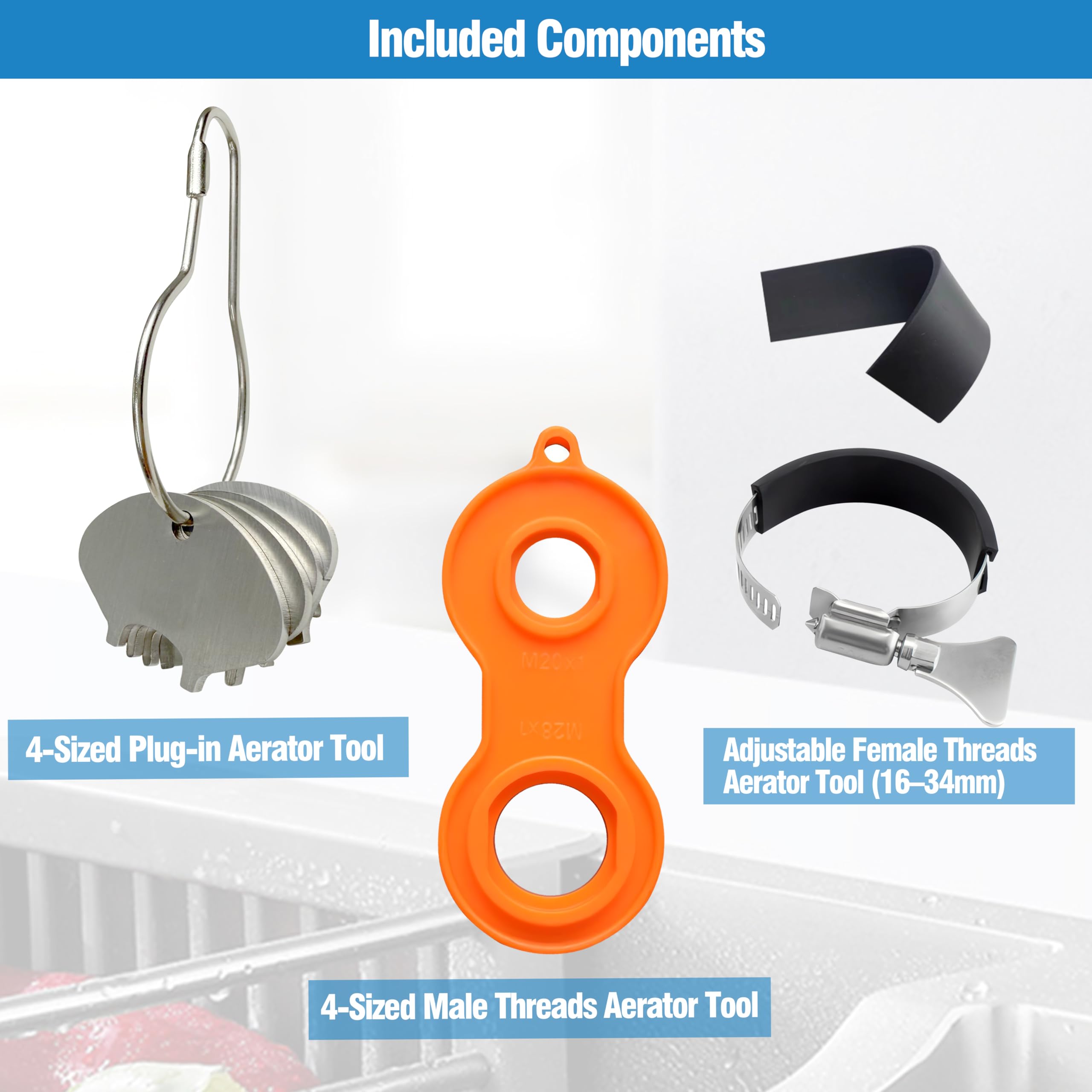 3-in-1 304 Stainless Steel Aerator Key & Faucet Aerator Removal Tool Set β Fits M20, M22, M24, M28, Cache Aerators (M21.5, M24, Junior, Regular) & Adjustable for Female Threads (16β34mm)