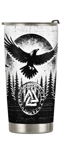 20oz Viking Raven Tumbler, Norse Mythology, Viking Gifts for Men, Vikings Celtic Coffee Thermos, Stainless Steel Double Wall Vacuum Insulated Coffee Mug, Travel Cup with Lid