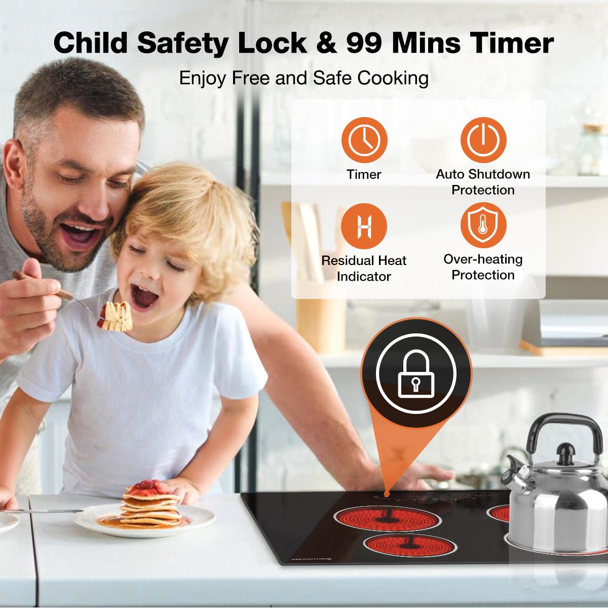 ThermoMate 30 Inch Electric Cooktop 4 Burners, ETL Certified Built-in Radiant Electric Stove Top, 30" Ceramic Cooktop 6000W with Touch Control, 9 Heating Level, Chlid Lock & Timer, 220-240V Hard Wire