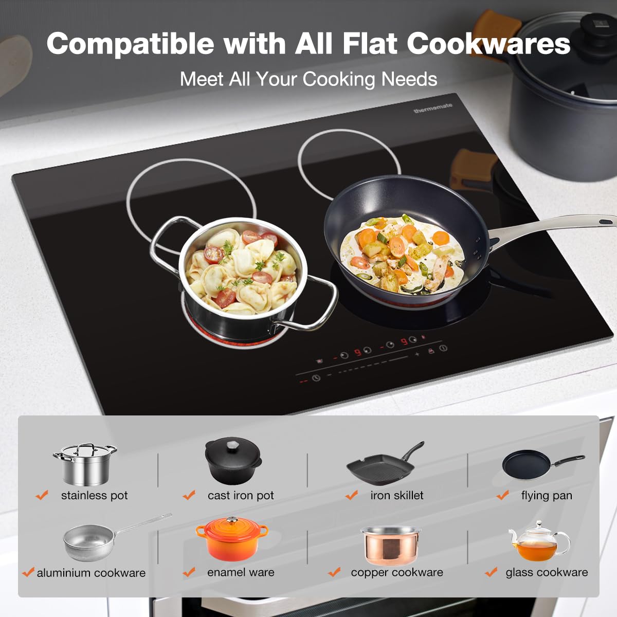 ThermoMate 30 Inch Electric Cooktop 4 Burners, ETL Certified Built-in Radiant Electric Stove Top, 30" Ceramic Cooktop 6000W with Touch Control, 9 Heating Level, Chlid Lock & Timer, 220-240V Hard Wire