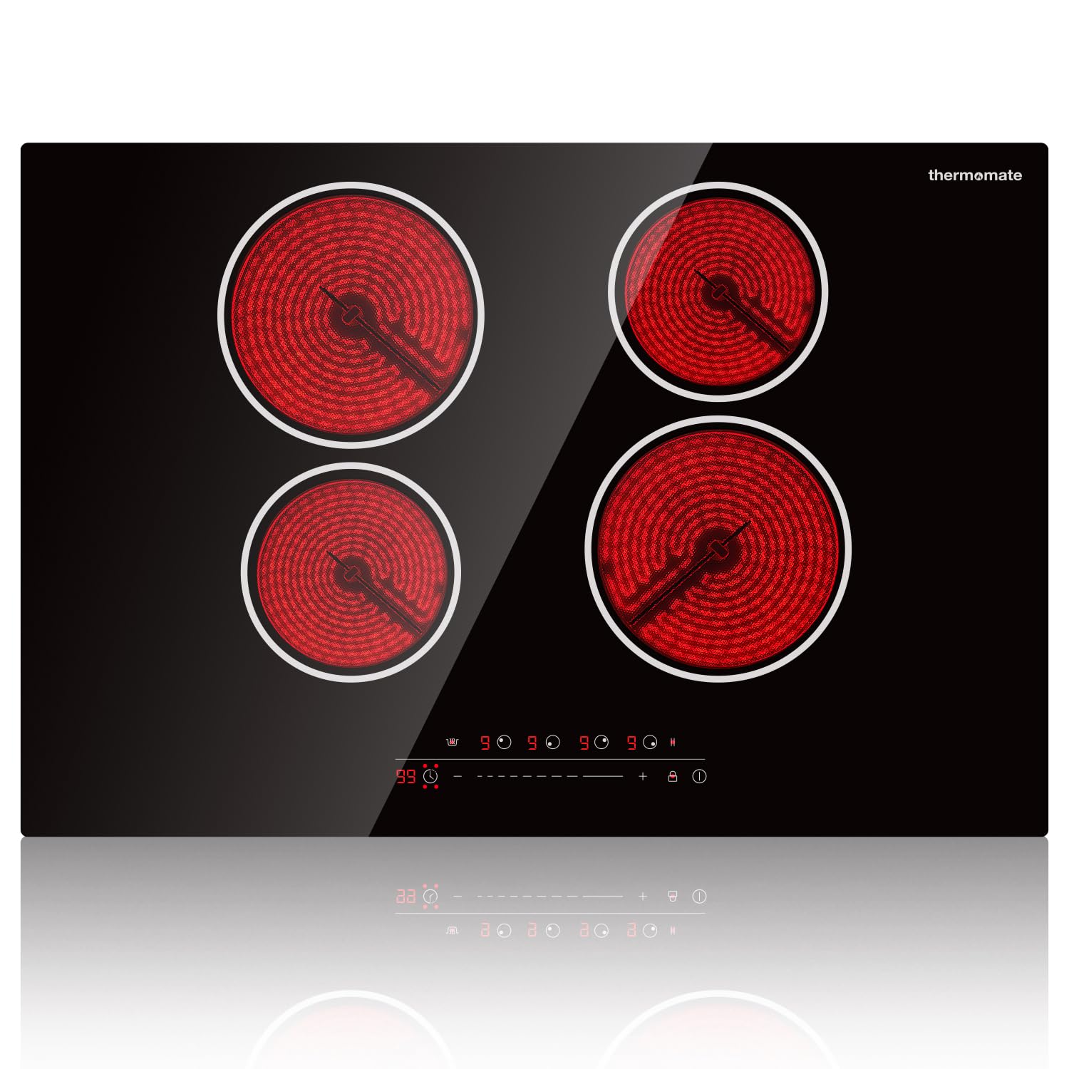 ThermoMate 30 Inch Electric Cooktop 4 Burners, ETL Certified Built-in Radiant Electric Stove Top, 30" Ceramic Cooktop 6000W with Touch Control, 9 Heating Level, Chlid Lock & Timer, 220-240V Hard Wire