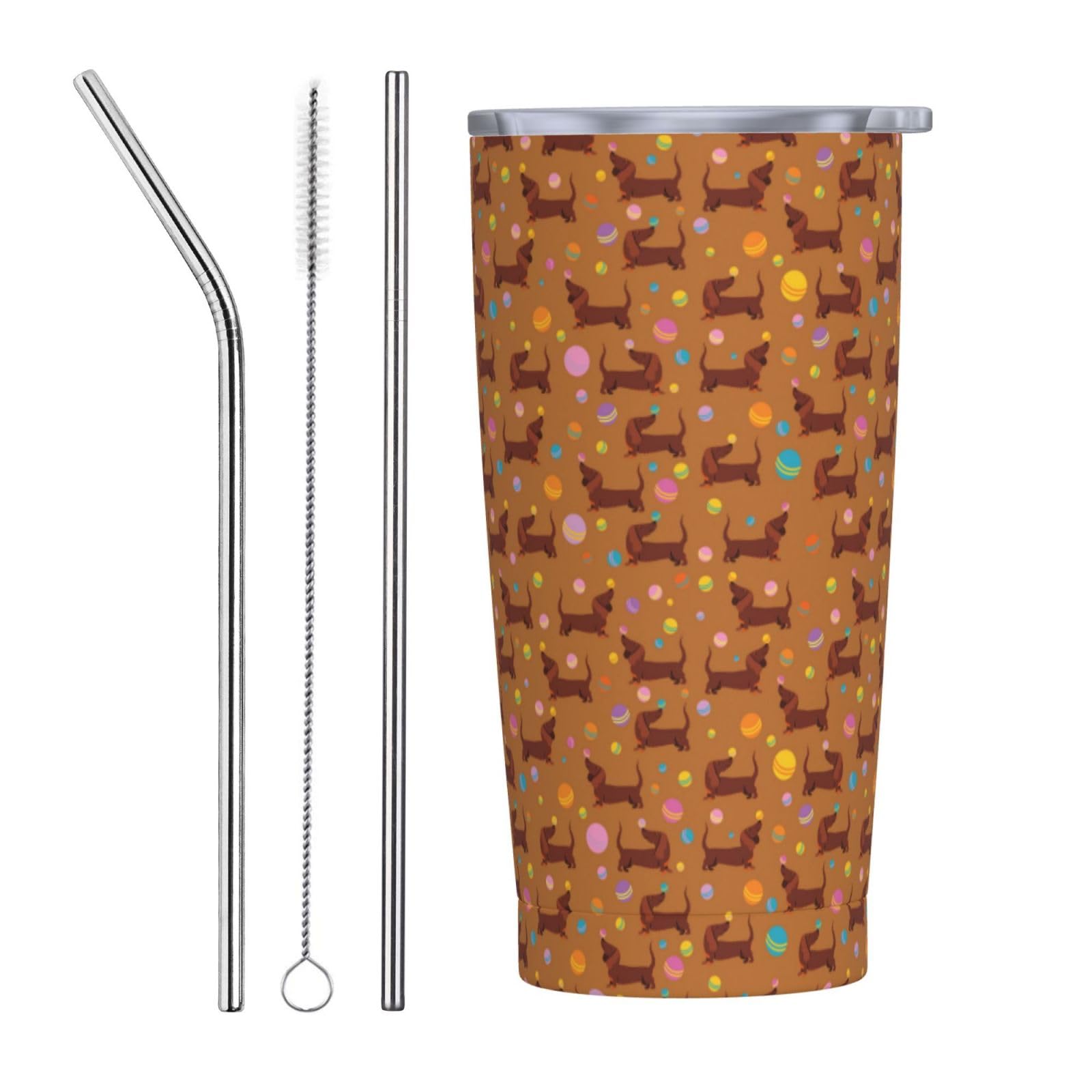 VOSERY Dachshund Dog Puppy No.1036 Cute Tumbler with Lid and Straw, 20 Oz Stainless Steel Insulated Tumbler Water Bottle Cup, Travel Coffee Mug Personalized Tumbler