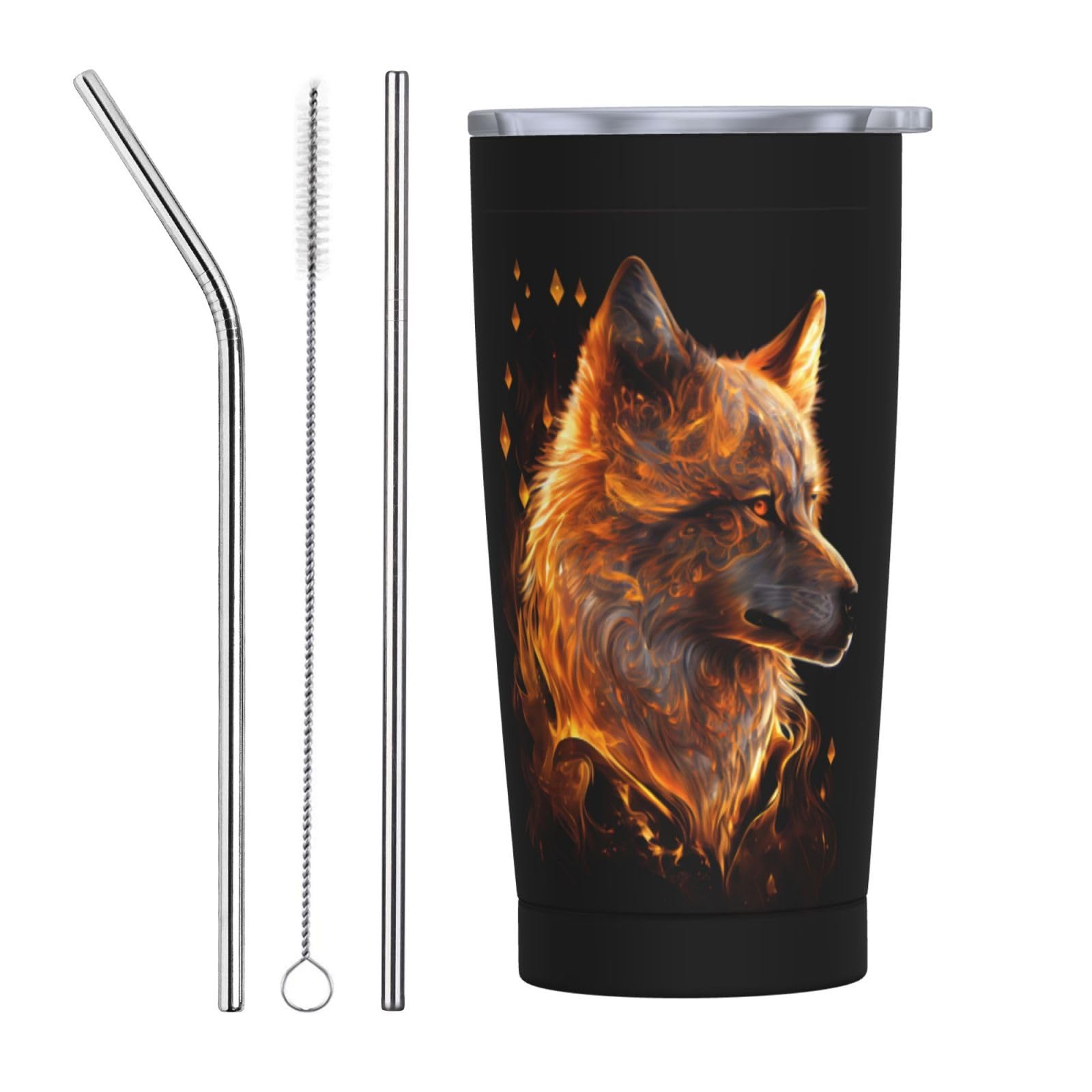 Buewutiry Gold Flame Pattern Wolf Tumbler with Lid and Straw, Cute 20 Oz Stainless Steel Insulated Tumbler Water Bottle Cup, Travel Coffee Mug Personalized Tumbler
