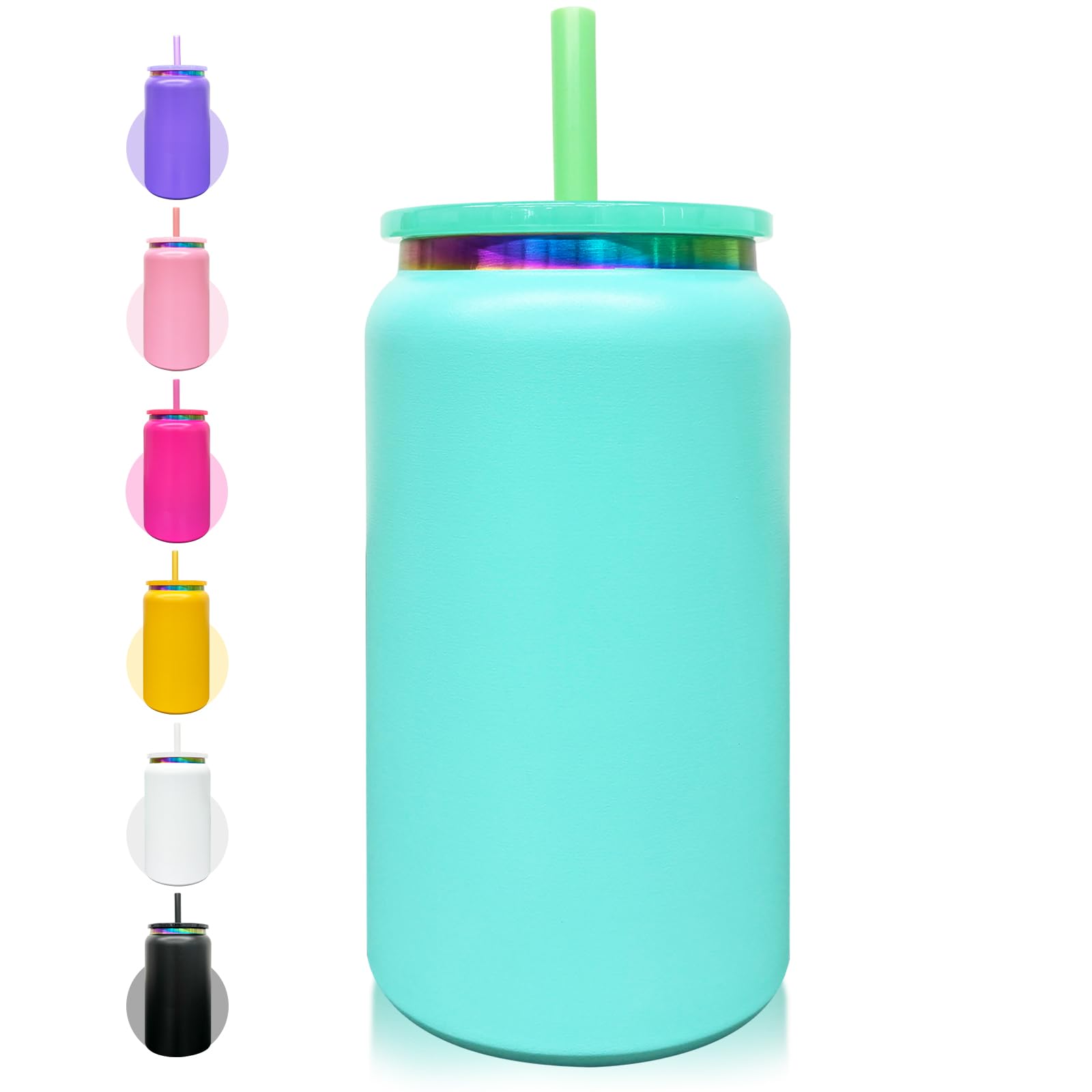 Glass Cups with Lids and Straws, 16 oz Stainless Steel Cups, Insulated Skinny Tumbler, Powder Coated Travel Mugs for Laser Engrave, Iced Coffee Cup for Smoothie Water DIY Gift (Mint Green,1 pack)
