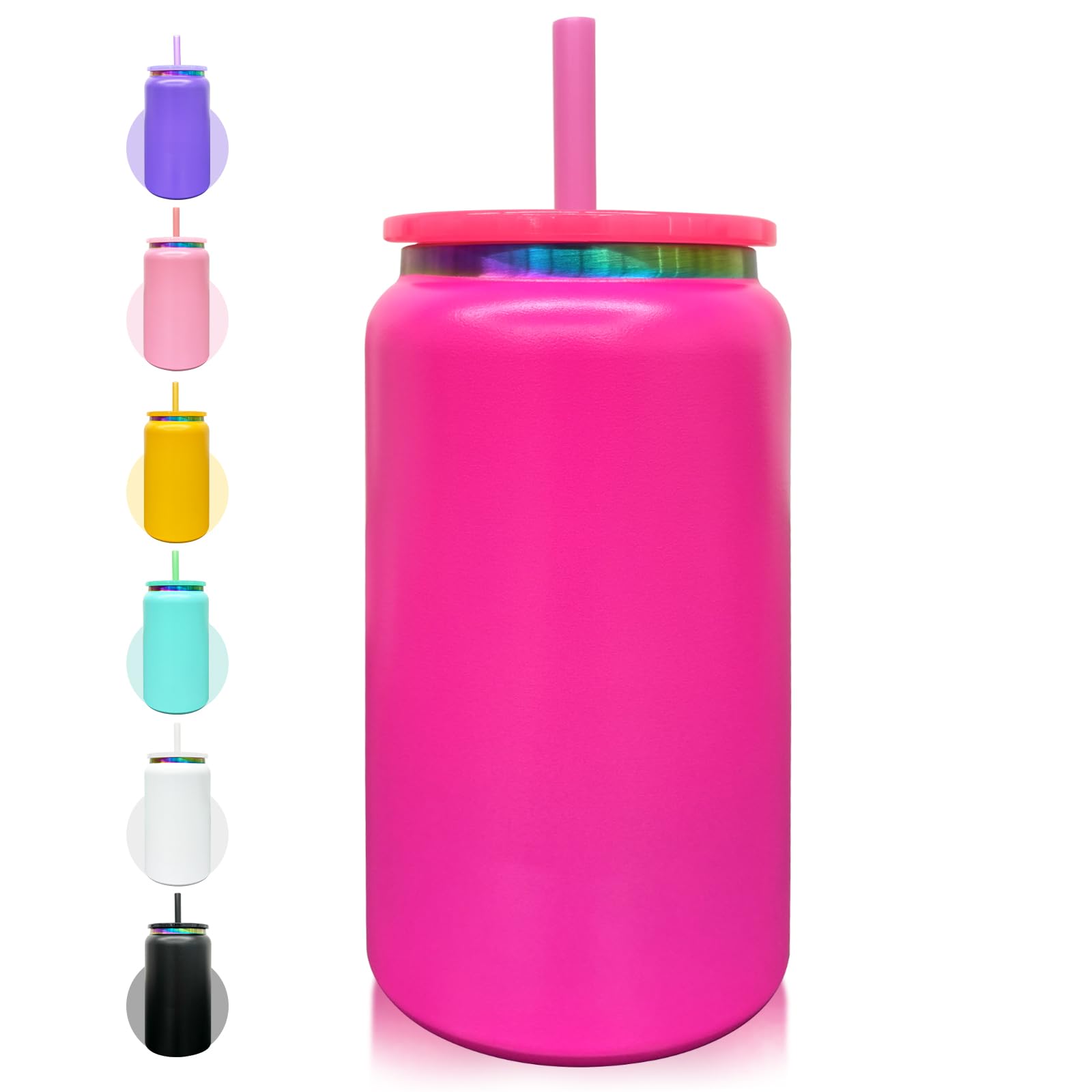 Glass Cups with Lids and Straws, 16 oz Stainless Steel Cups, Insulated Skinny Tumbler, Powder Coated Travel Mugs for Laser Engrave, Iced Coffee Cup for Smoothie Water DIY Gift (Rosy,1 pack)
