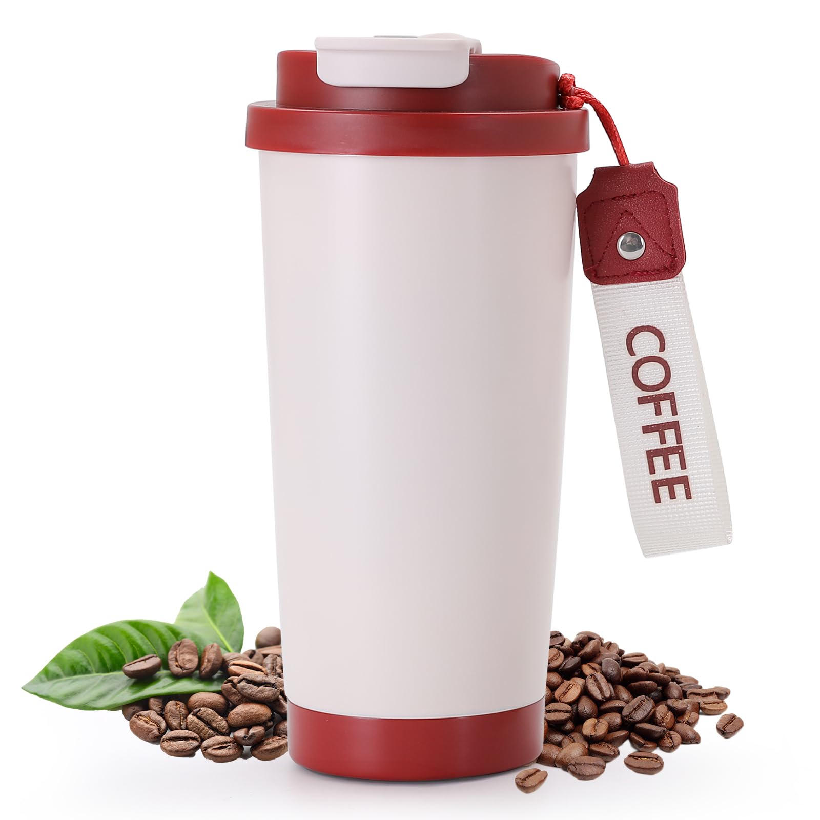 LATTPLYN Travel Coffee Mug, 18 oz Insulated Coffee Cup with Lid, Leakproof Stainless Steel Double-Wall Insulation Coffee Tumbler Cup For Hot/Ice Coffee Tea Vacuum Thermal Thermos(Beige+Red,18 oz)