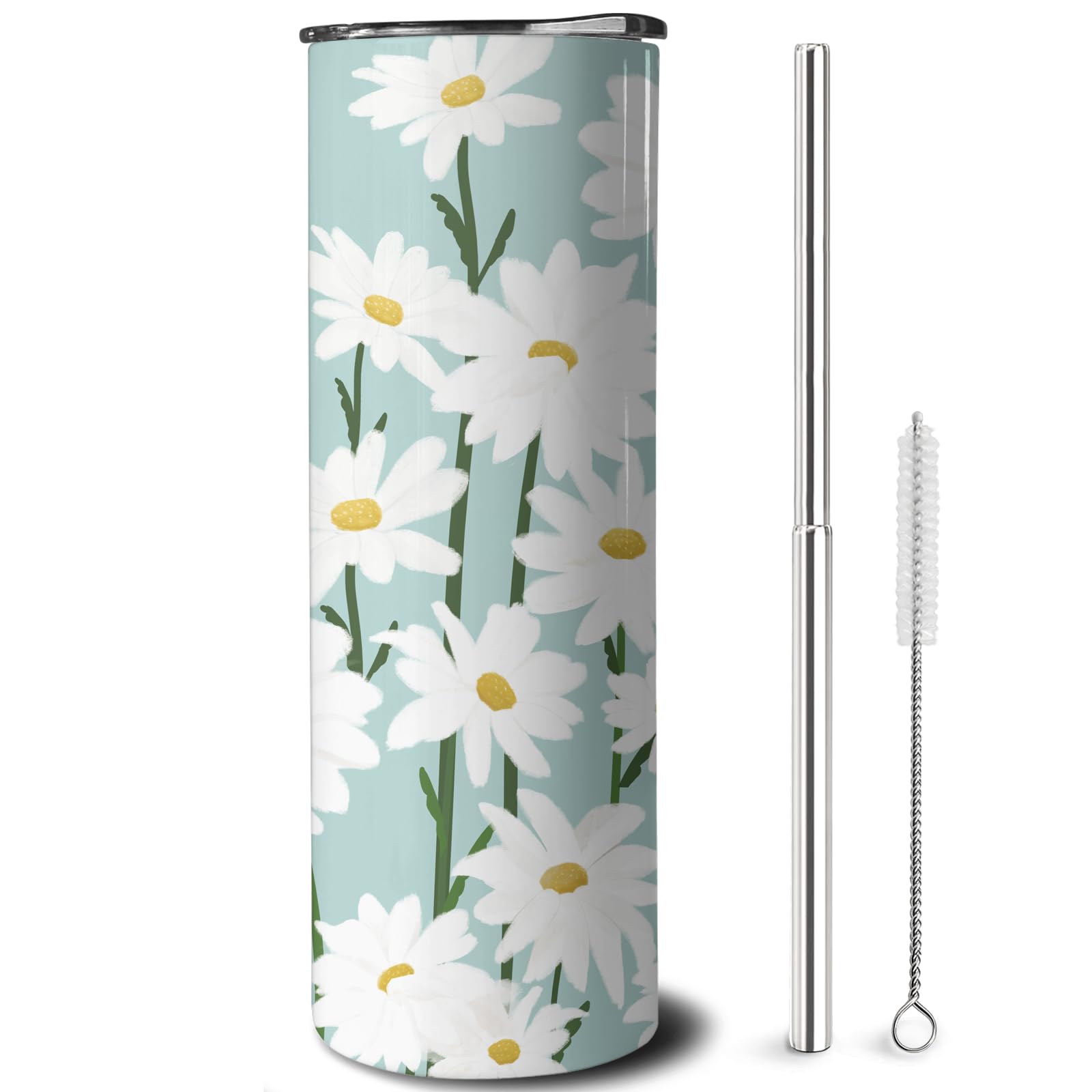 owbgsdh 20 oz Daisy Skinny Tumblers with Lid and Straw, Daisy Stainless Steel Vacuum Insulated Travel Coffee Mug Cup Water Bottle, Daisy Decor Stuff Accessories, Gifts for Women Girls Daisy Lover