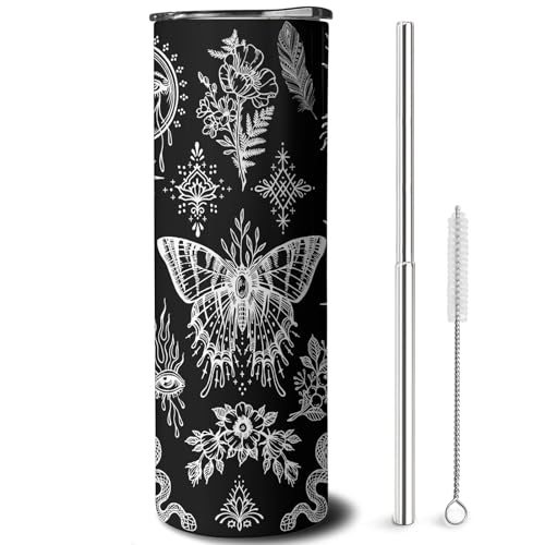 owbgsdh 20 oz Goth Skinny Tumblers with Lid and Straw, Butterfly Stainless Steel Vacuum Insulated Travel Coffee Mug Cup Water Bottle, Gothic Decor Stuff Accessories, Gifts for Women Girls Goth Lover