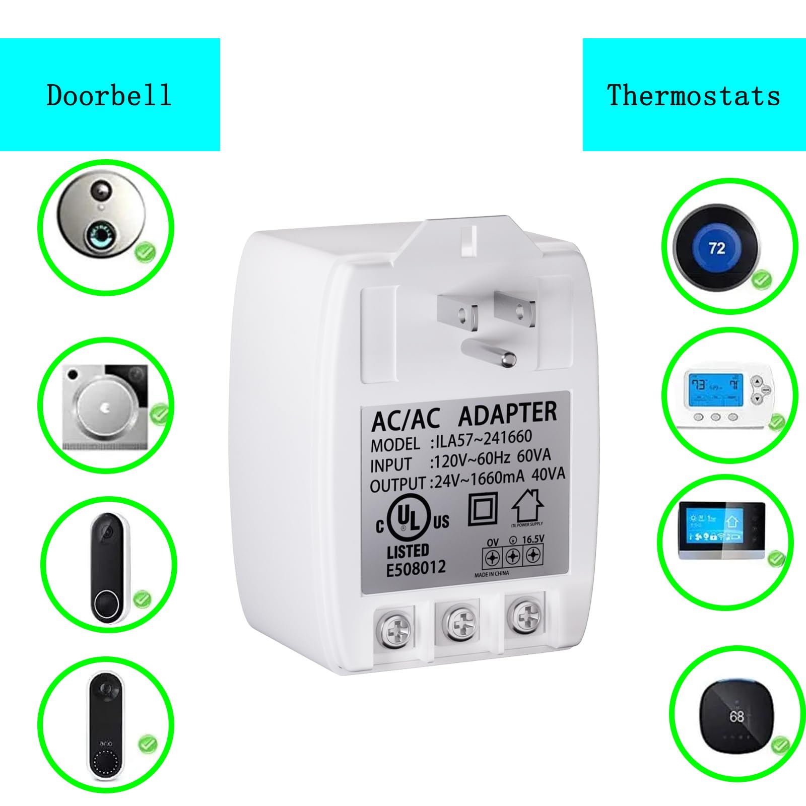 24V 40VA Plugin Transformer for Ecobee, Sensi,Nest and Honeywell All Versions of Ring Doorbell Thermostat