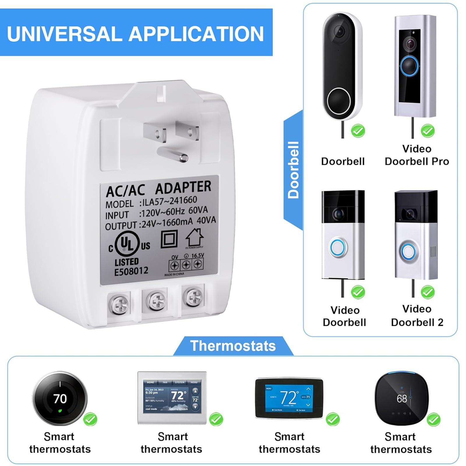 24V 40VA Plugin Transformer for Ecobee, Sensi,Nest and Honeywell All Versions of Ring Doorbell Thermostat