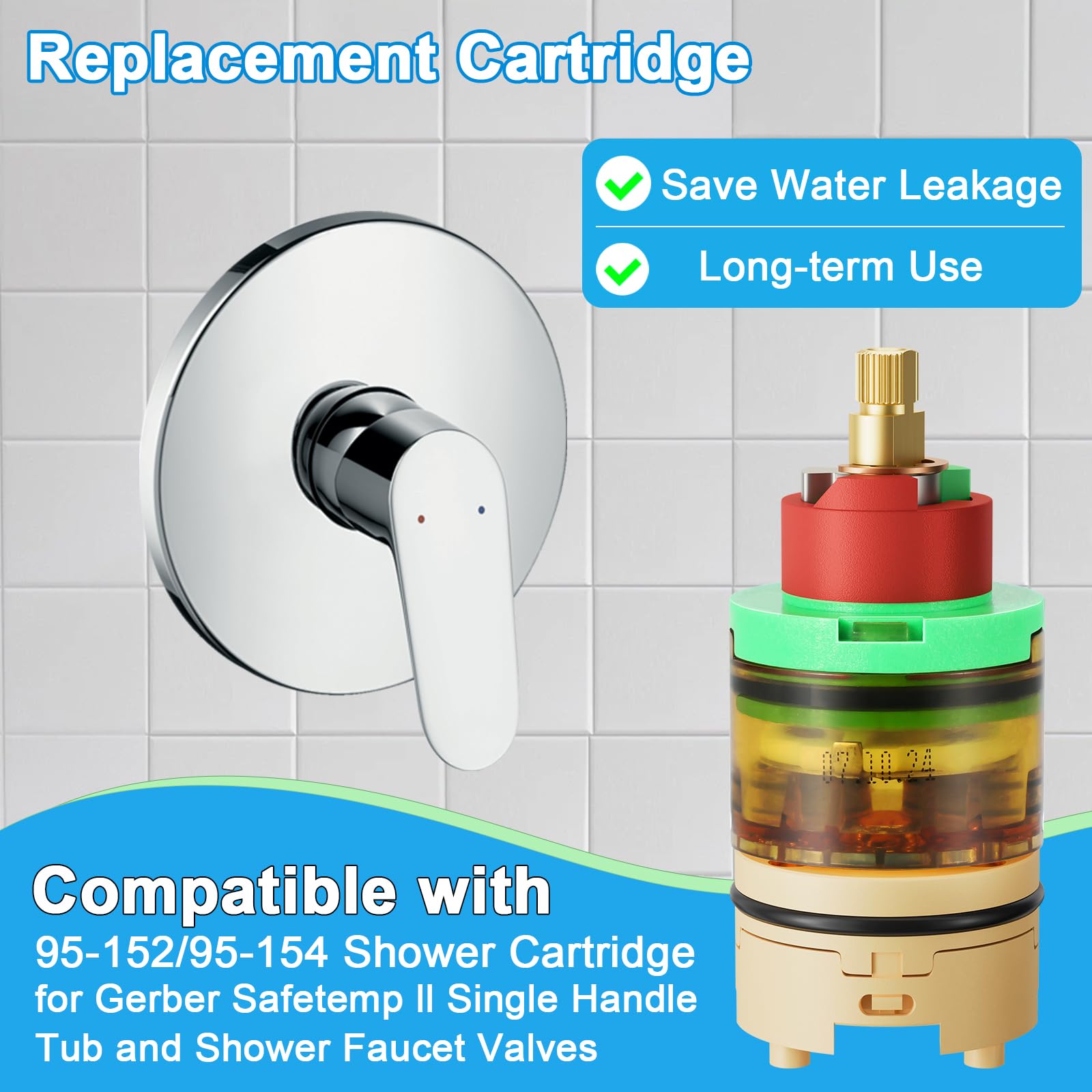 Replacement 95-152/95-154 Shower Cartridge Assembly, Compatible with G0095154, GS-105 for Gerber Safetemp II Single Handle Tub and Shower Faucet Valves