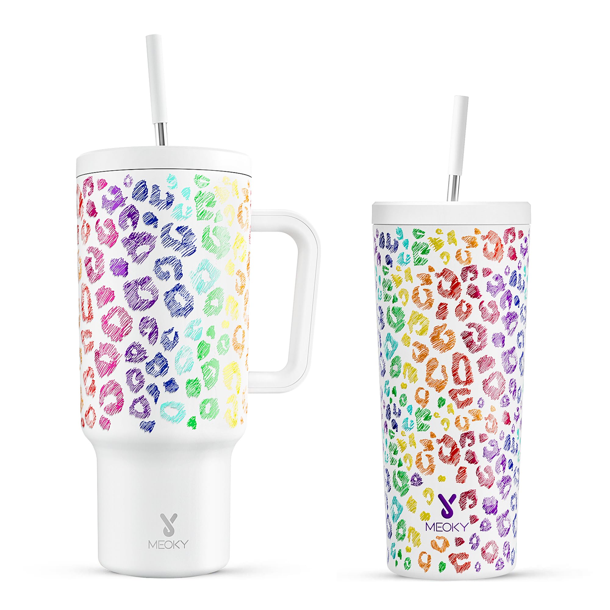 Meoky 40 oz Tumbler with Handle and Straw, 24 oz Insulated Tumbler with Lid and Straw, Stainless Steel Vacuum Insulated Tumbler, Keeps Cold, 100% Leak Proof, Fits in Car Cup Holder (Kiss)