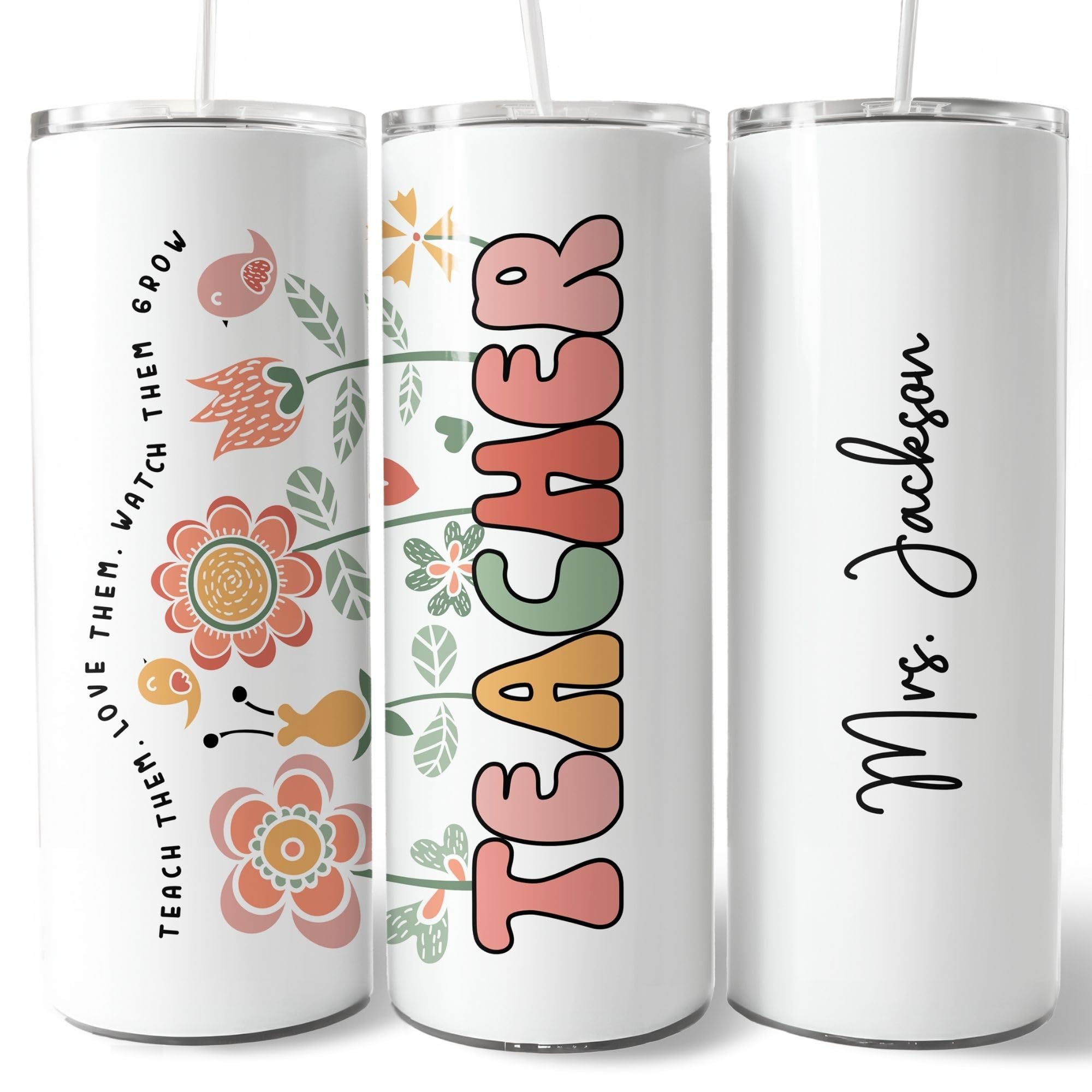Fleur&Bay Teacher Appreciation Gifts for Women - Personalized Teacher Tumbler With Straw - Daycare Preschool Birthday Back to School Gifts Ideas - Customized Cup With Name - 20 oz Travel Coffee Mug