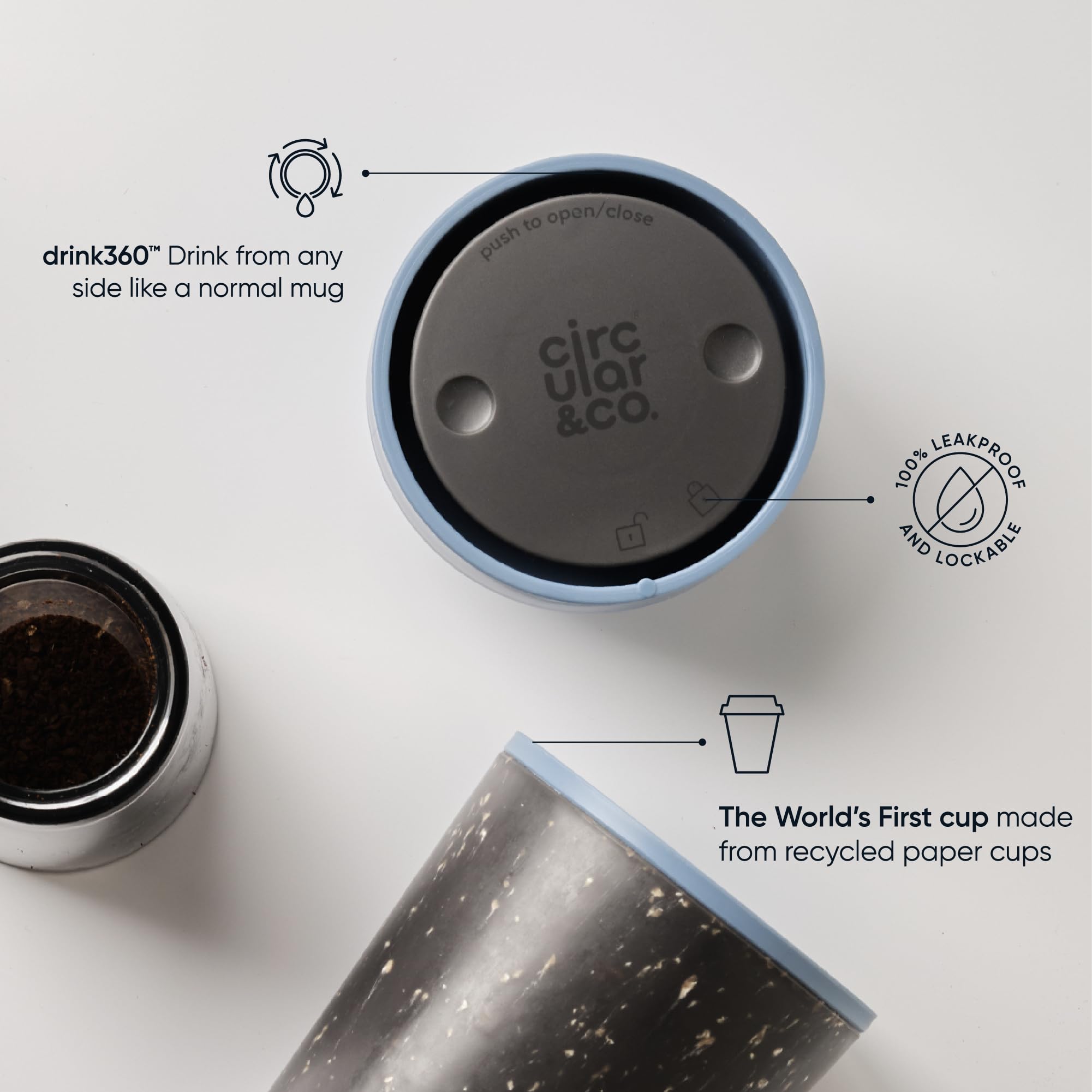 Circular & Co Reusable Coffee Cup - 16oz - 100% Leakproof Large Travel Mug - Made from Recycled Coffee Cups - Sustainble Coffee Tumbler - 360 Drinking - BPA Free - Dishwasher Safe