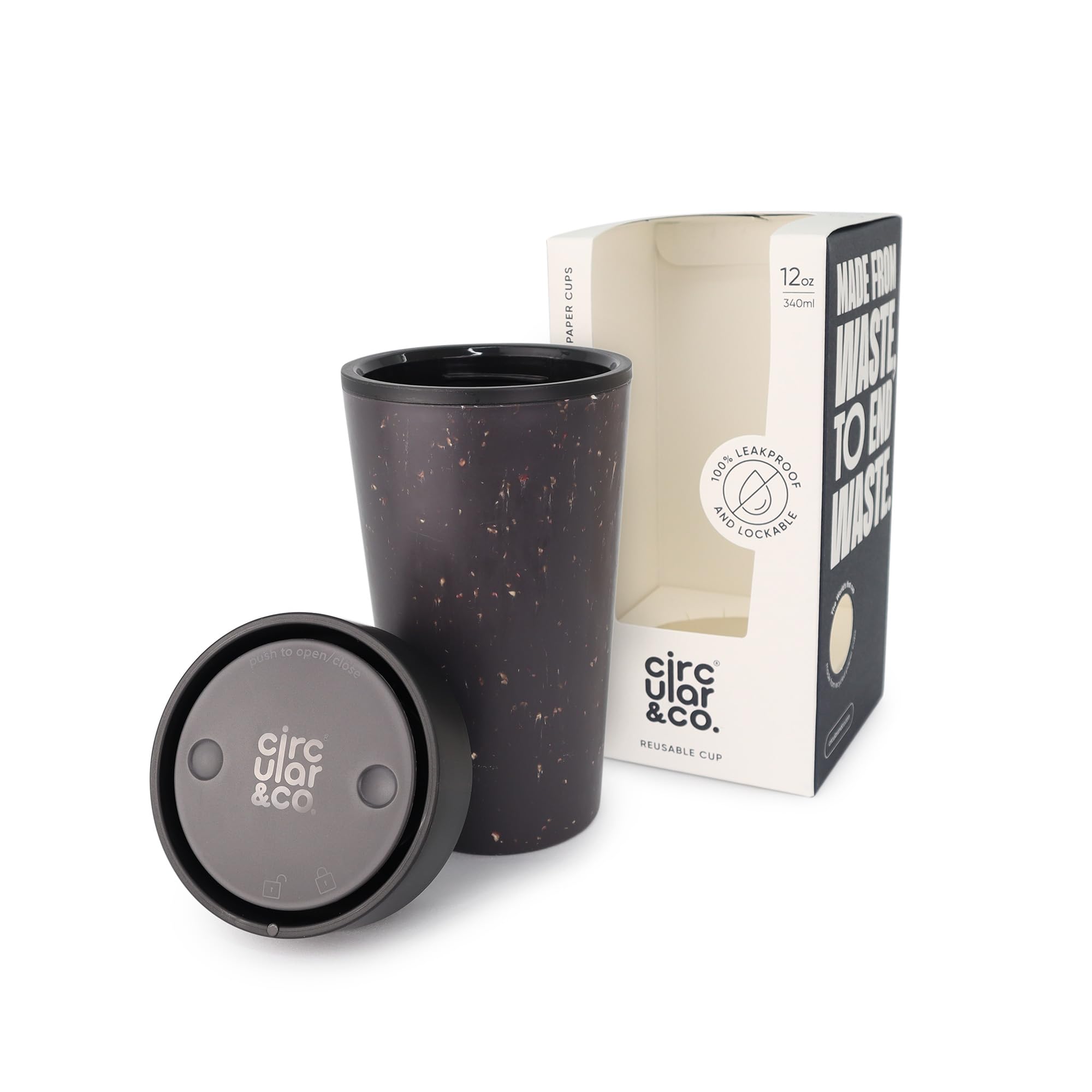 Circular & Co Reusable Coffee Cup - 12oz - 100% Leakproof Travel Mug - Made from Recycled Coffee Cups - Sustainble Coffee Tumbler - 360 Drinking - BPA Free - Dishwasher Safe
