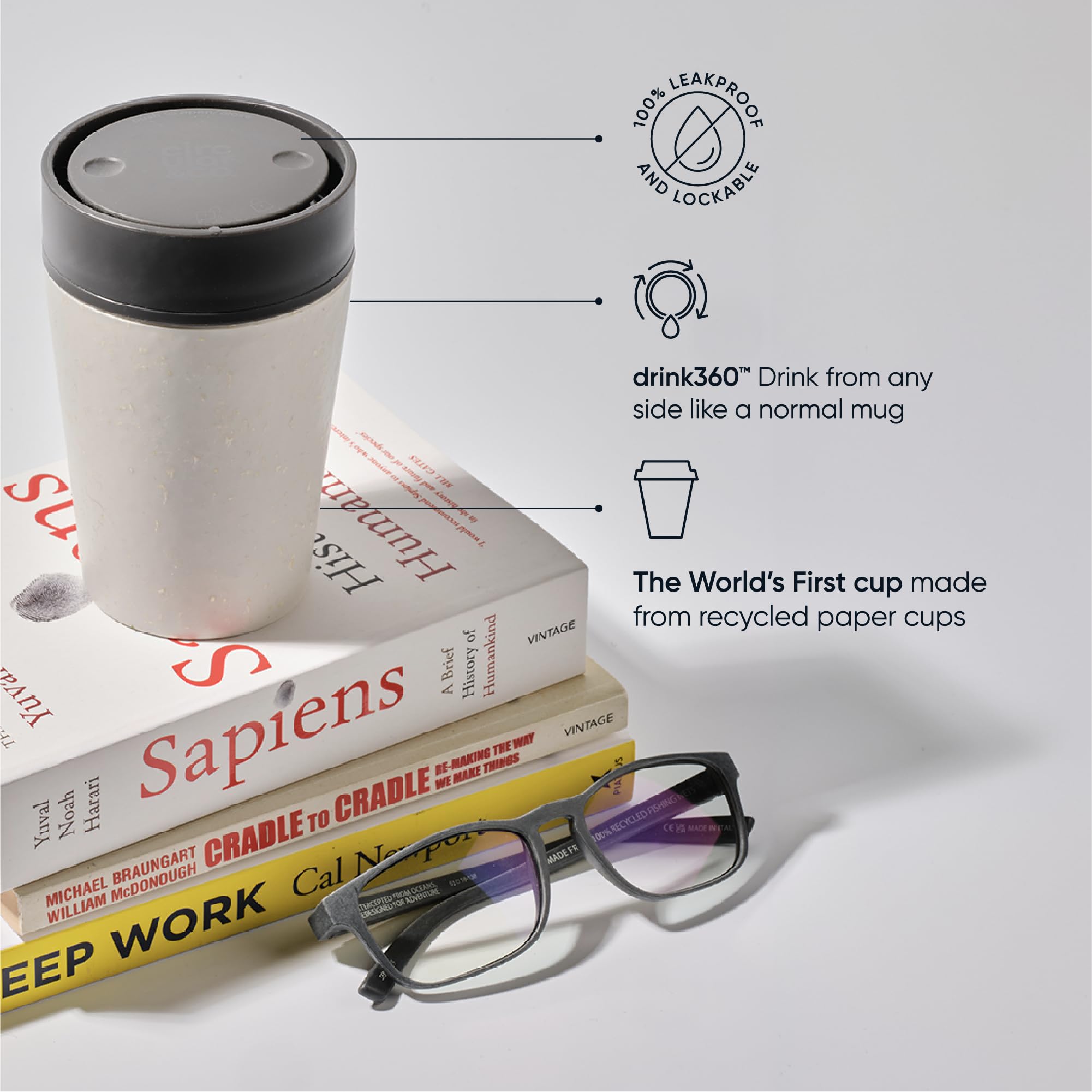 Circular & Co Reusable Coffee Cup - 8oz - 100% Leakproof Travel Mug - Made from Recycled Coffee Cups - Sustainble Coffee Tumbler - 360 Drinking - BPA Free - Dishwasher Safe