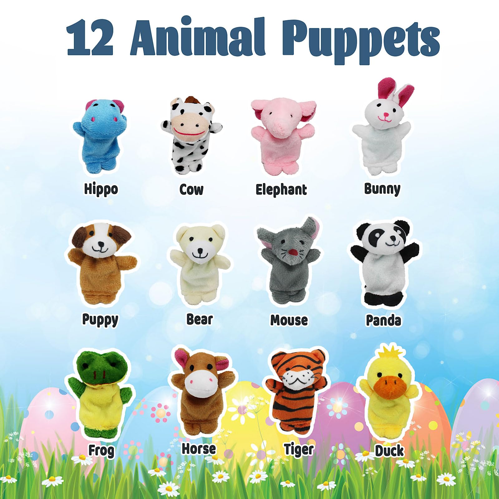 VEALIZUU 12 Pack Easter Eggs with Mini Plush Animals Finger Puppets Toys for Kids, Perfect for Easter Egg Hunt Game, Easter Party Favors, Easter Gift for Kids