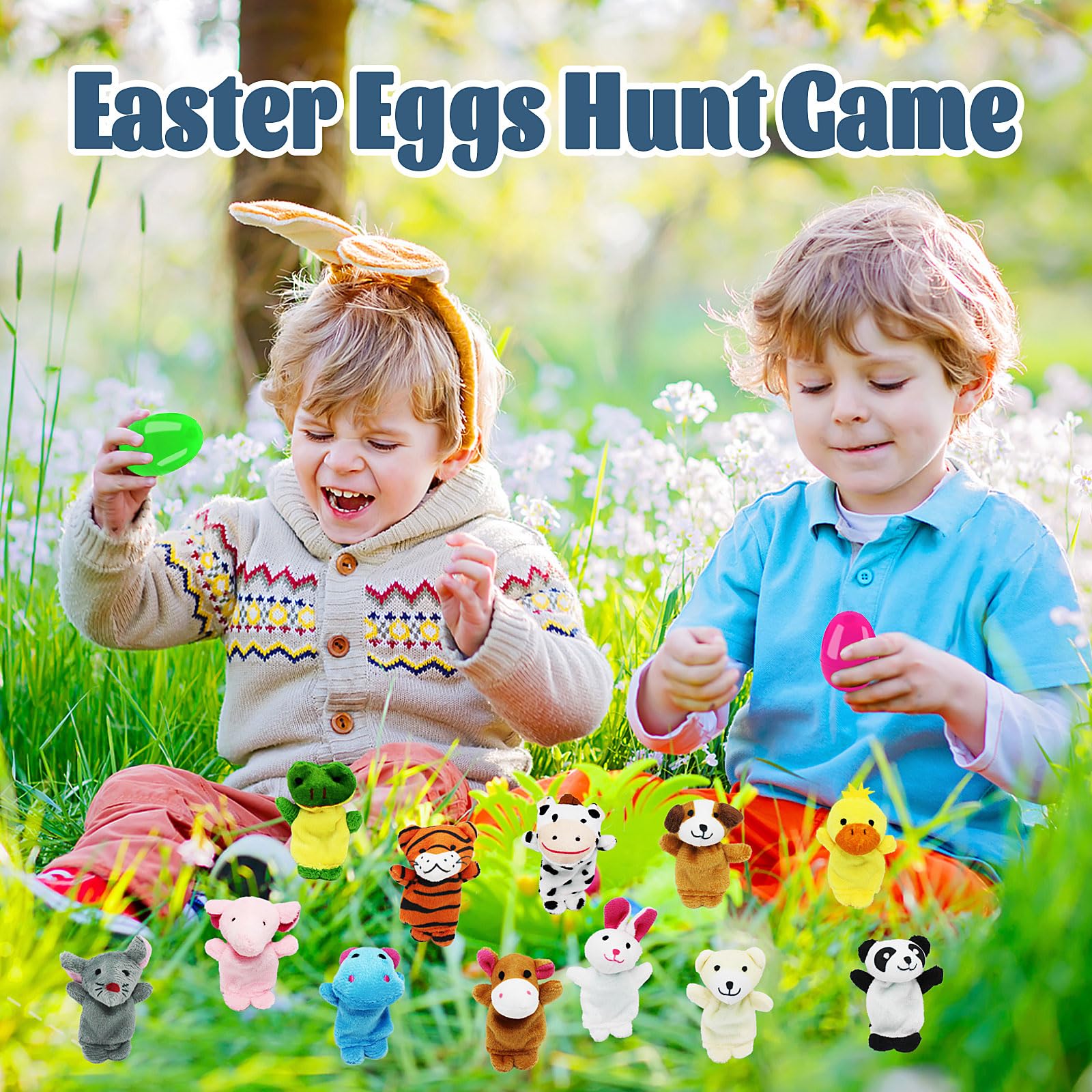 VEALIZUU 12 Pack Easter Eggs with Mini Plush Animals Finger Puppets Toys for Kids, Perfect for Easter Egg Hunt Game, Easter Party Favors, Easter Gift for Kids