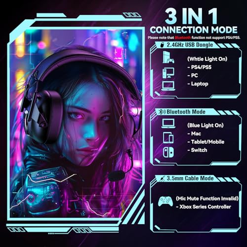 YPBDAN Wireless Gaming Headset for PS5, PS4, PC, USB Over Ear Gaming Headphones with Noise Canceling Mic, Bluetooth 5.3, 100H Battery, Low Latency, Foldable Headset for Switch, Mac, Laptop