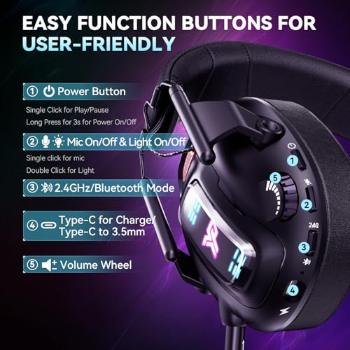 YPBDAN Wireless Gaming Headset for PS5, PS4, PC, USB Over Ear Gaming Headphones with Noise Canceling Mic, Bluetooth 5.3, 100H Battery, Low Latency, Foldable Headset for Switch, Mac, Laptop