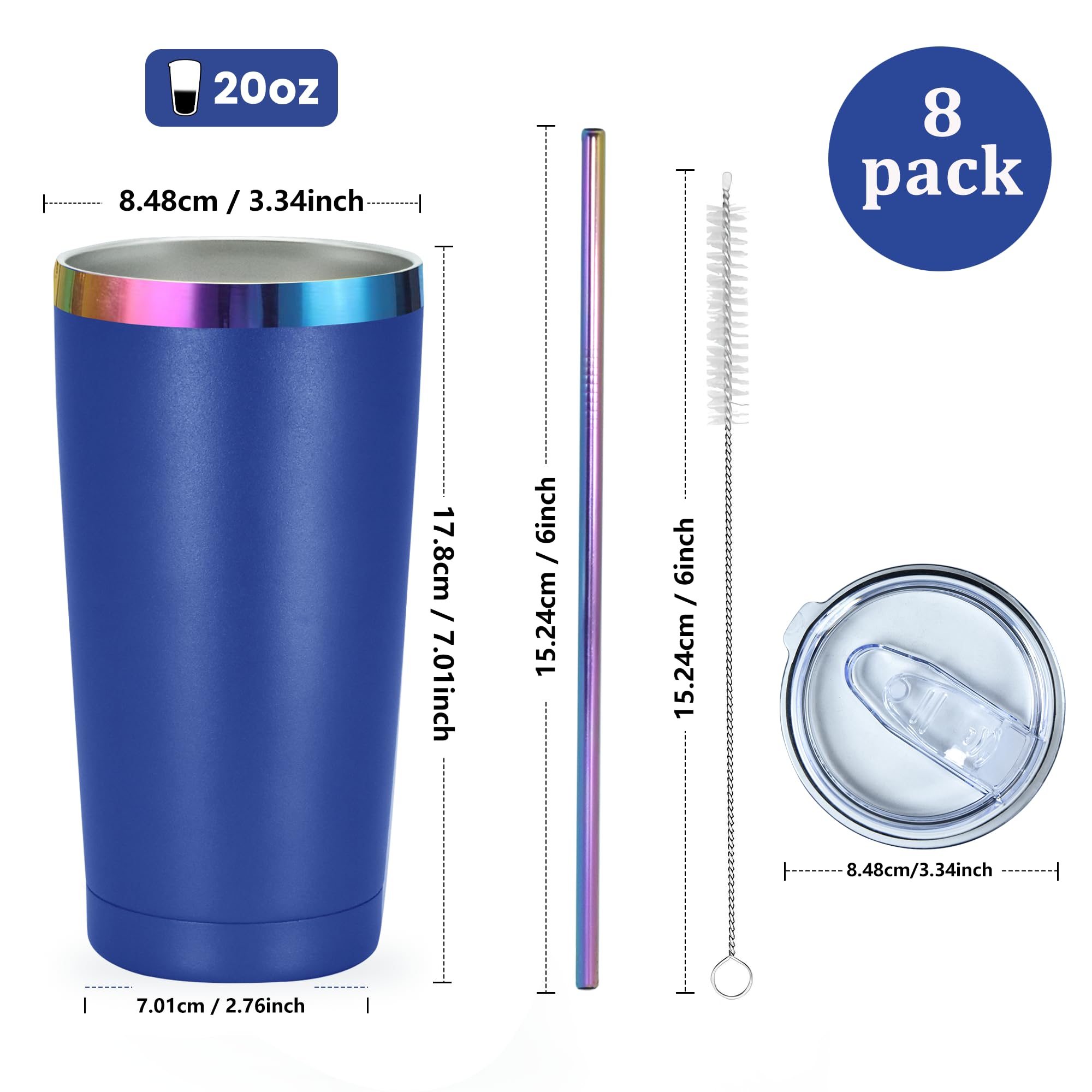 Icesip 8pack 20oz Tumbler with Lid And Straw,Stainless Steel Vacuum Insulated Mug,Double Wall Durable Powder Coated Coffee Cup for Cold & Hot Drinks,Insulation Travel Tumblers Cups