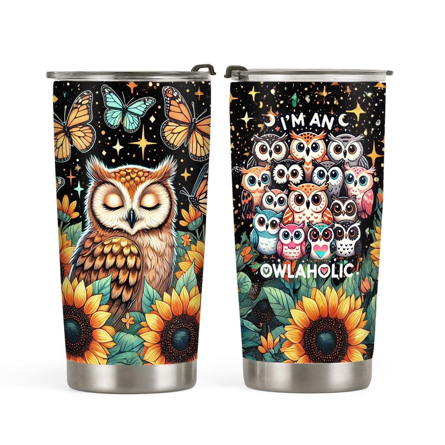 20oz Owlaholic Sunflower Owl Tumbler, Gifts for Owl Lovers, Coffee Thermos for Women, Stainless Steel Double Wall Vacuum Insulated Coffee Mug, Travel Cup with Lid