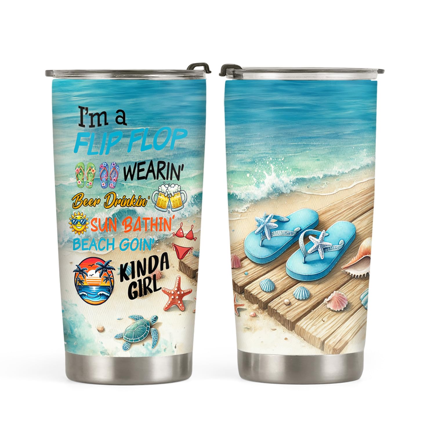 20oz Flip Flop Tumbler, Summer Sea, Ocean, Beach Gifts, Coffee Thermos for Women, Stainless Steel Double Wall Vacuum Insulated Coffee Mug, Travel Cup with Lid